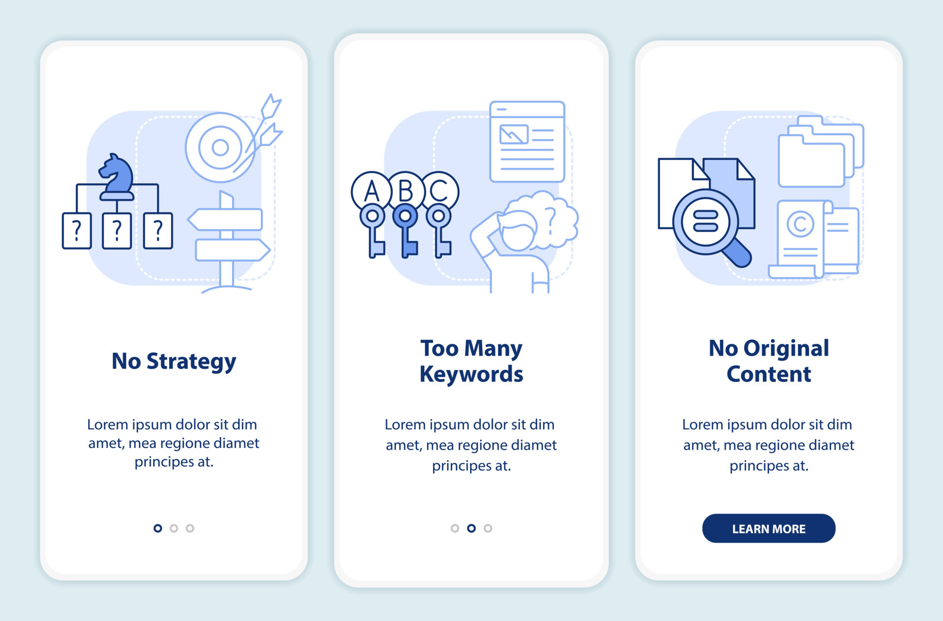 Search Engine Optimization Mistakes Light Blue Onboarding Mobile App Screen Walkthrough 3 Steps