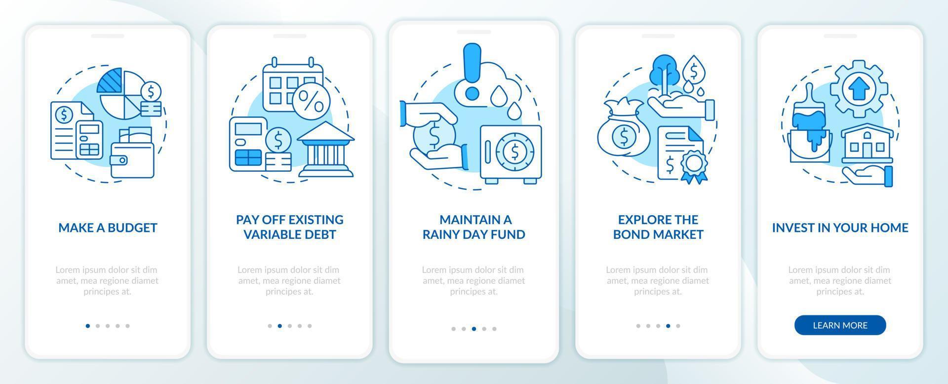 Protecting Money During Inflation Blue Onboarding Mobile App Screen Walkthrough 5 Steps
