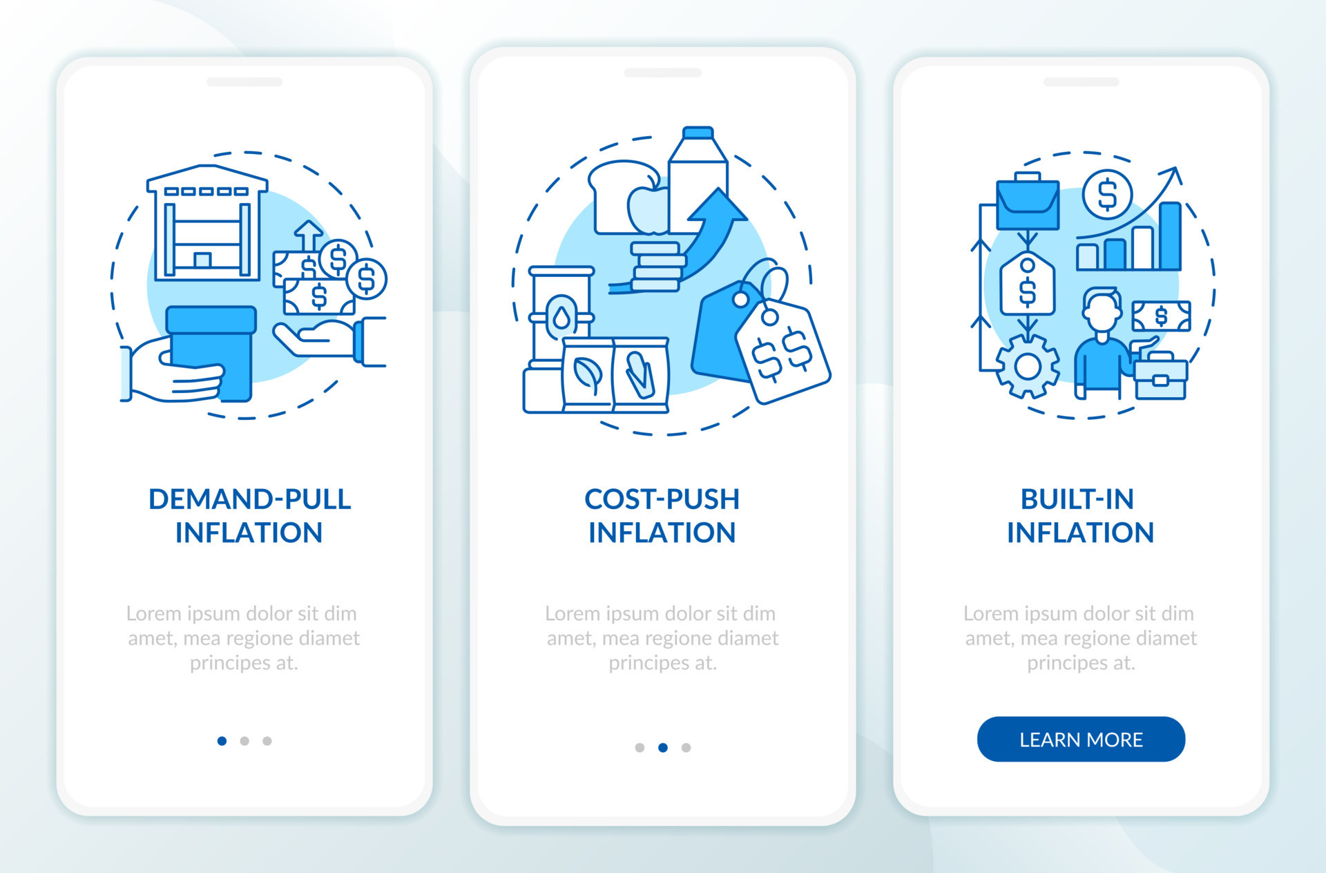 Inflation Types Blue Onboarding Mobile App Screen Increasing Prices Walkthrough 3 Steps