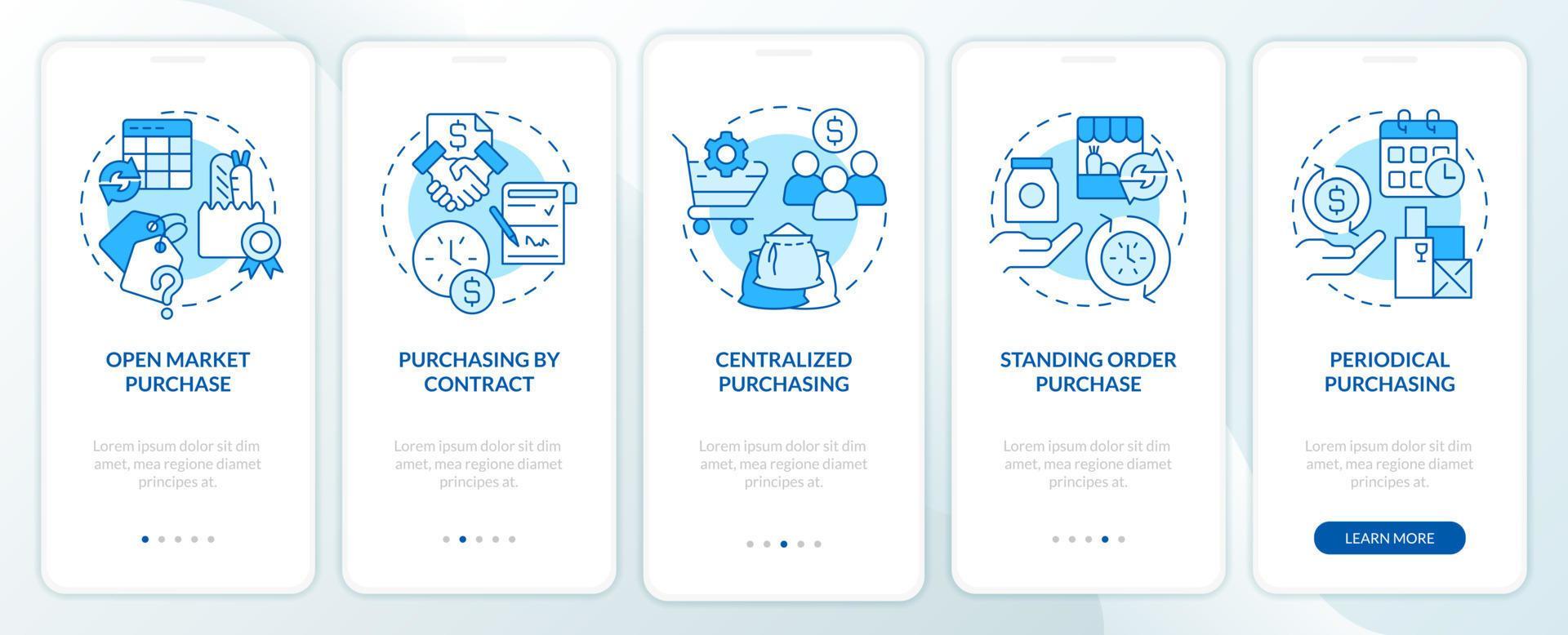Purchase Orders In Business Blue Onboarding Mobile App Screen Walkthrough 5 Steps Editable