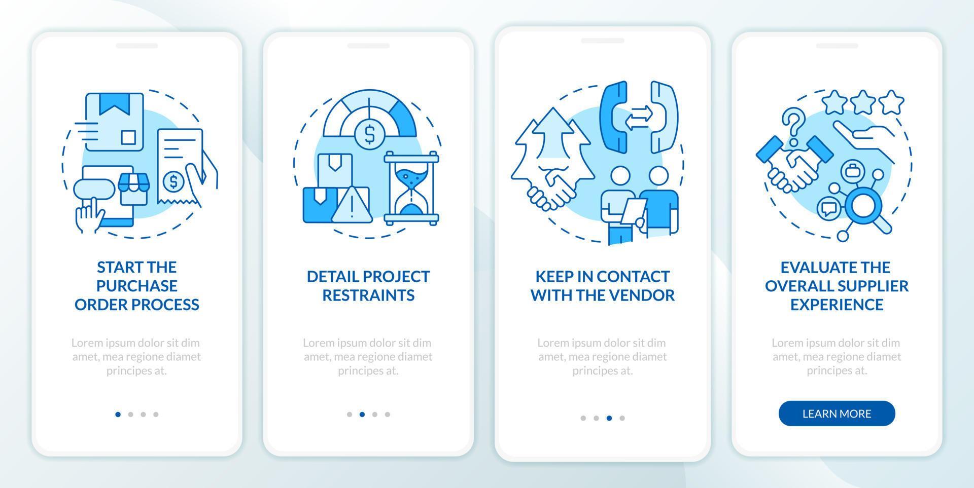 Steps In Purchasing Process Blue Onboarding Mobile App Screen Walkthrough 4 Steps Editable