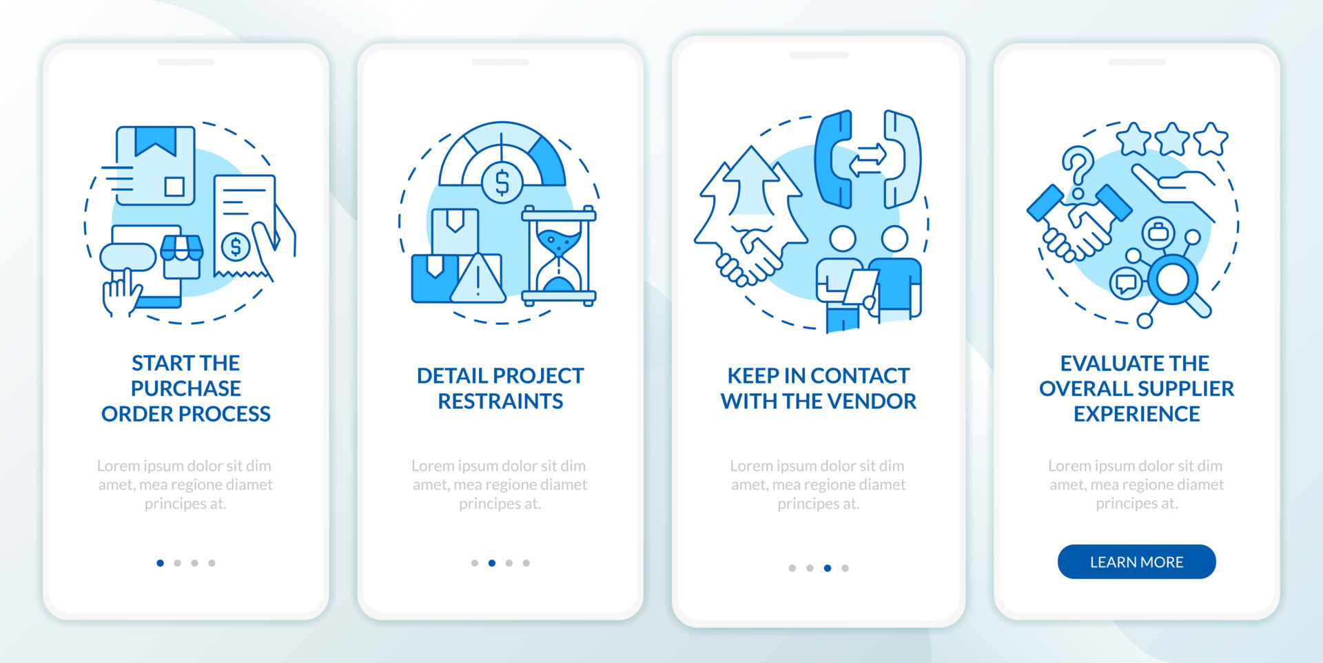 Steps In Purchasing Process Blue Onboarding Mobile App Screen