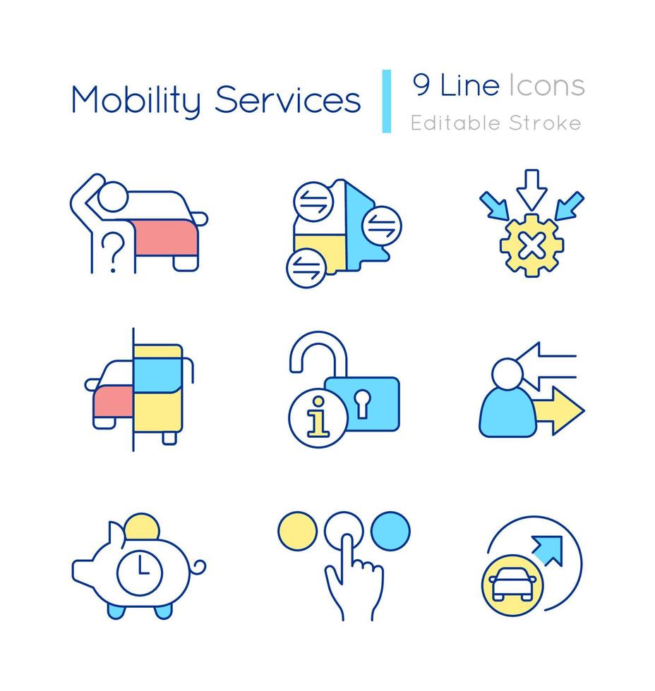 Mobility services RGB color icons set. Maas and city infrastructure ... Mobility services RGB color icons set. Maas and city infrastructure ...