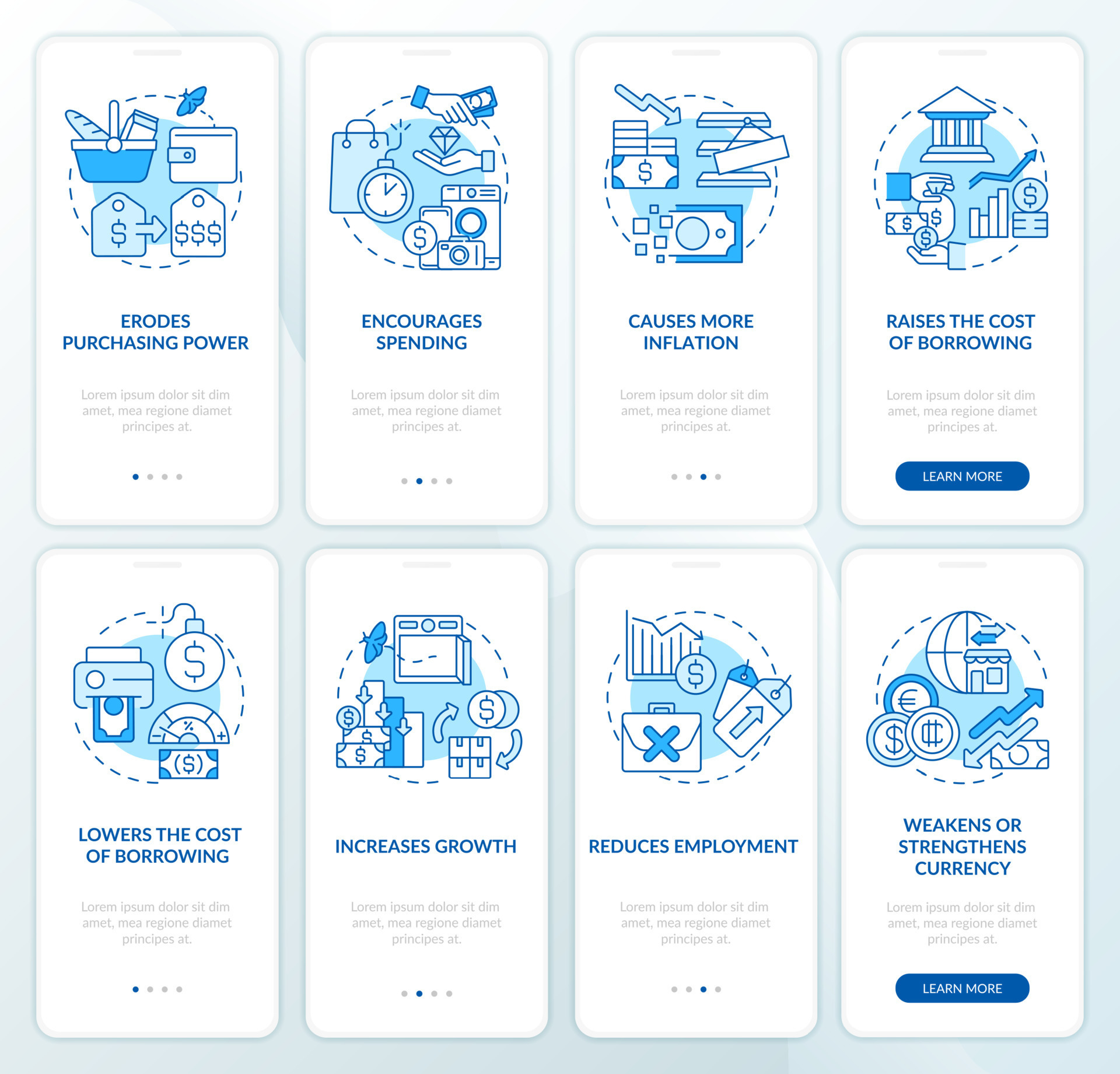 Inflation Consequences Blue Onboarding Mobile App Screen Set Walkthrough 4 Steps Editable