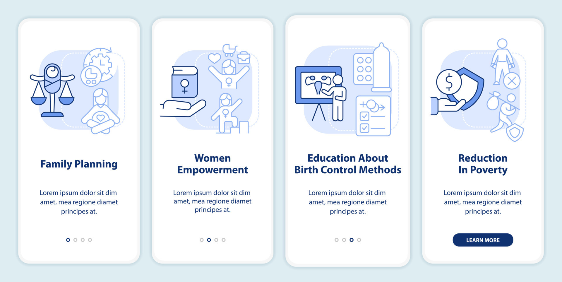 Solutions To Overpopulation Light Blue Onboarding Mobile App Screen Walkthrough 4 Steps