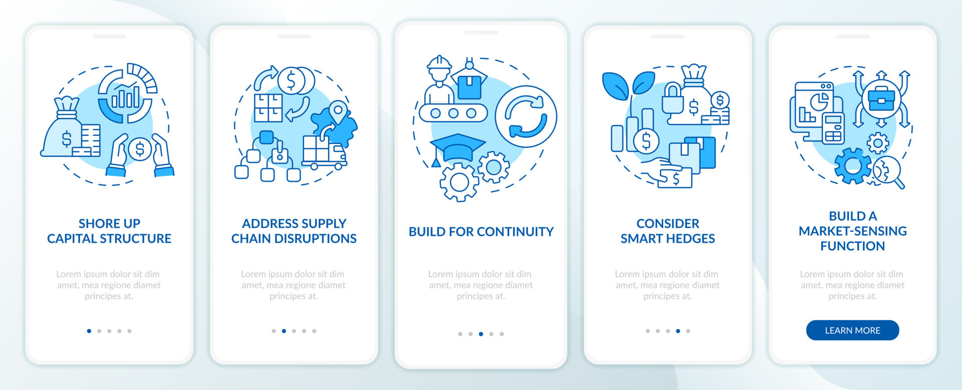 Dealing With Inflation In Business Blue Onboarding Mobile App Screen Walkthrough 5 Steps