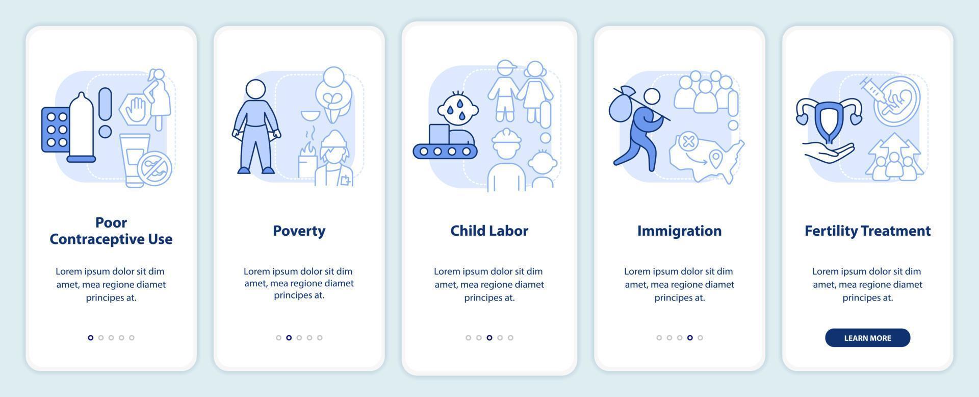 Causes Of Overpopulation Light Blue Onboarding Mobile App Screen Walkthrough 5 Steps Editable