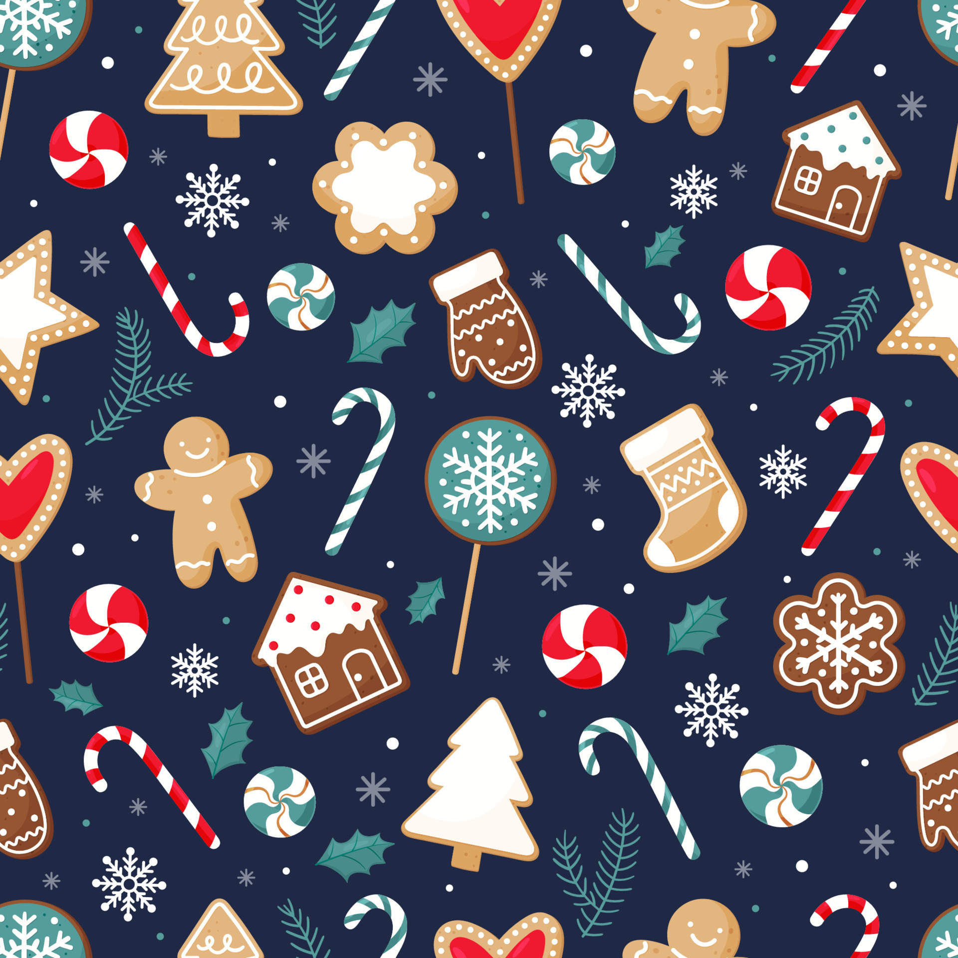 Seamless Christmas pattern with gingerbread cookies and sweets. Bright ...