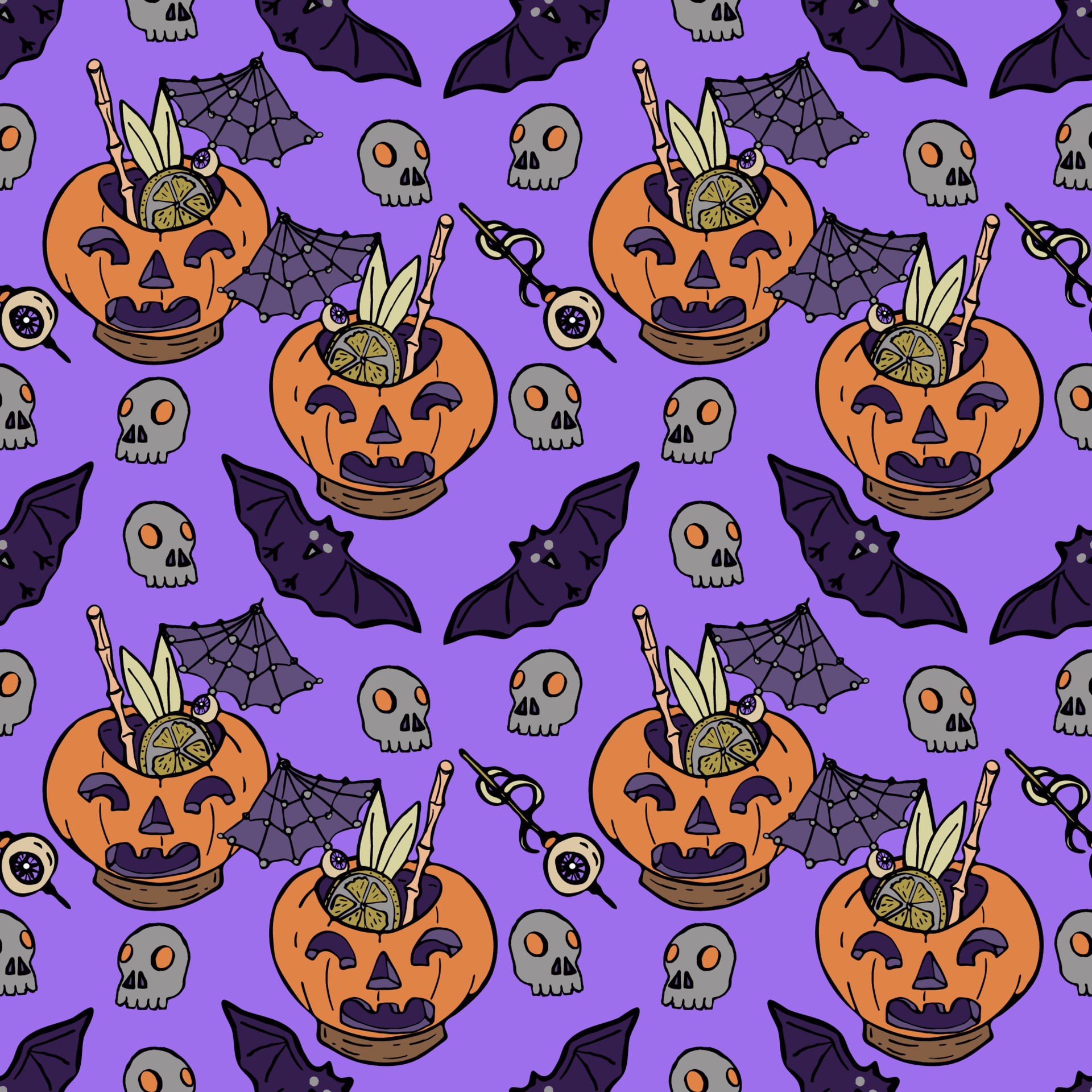 Halloween background. Vector seamless pattern with pumpkins, bats ...