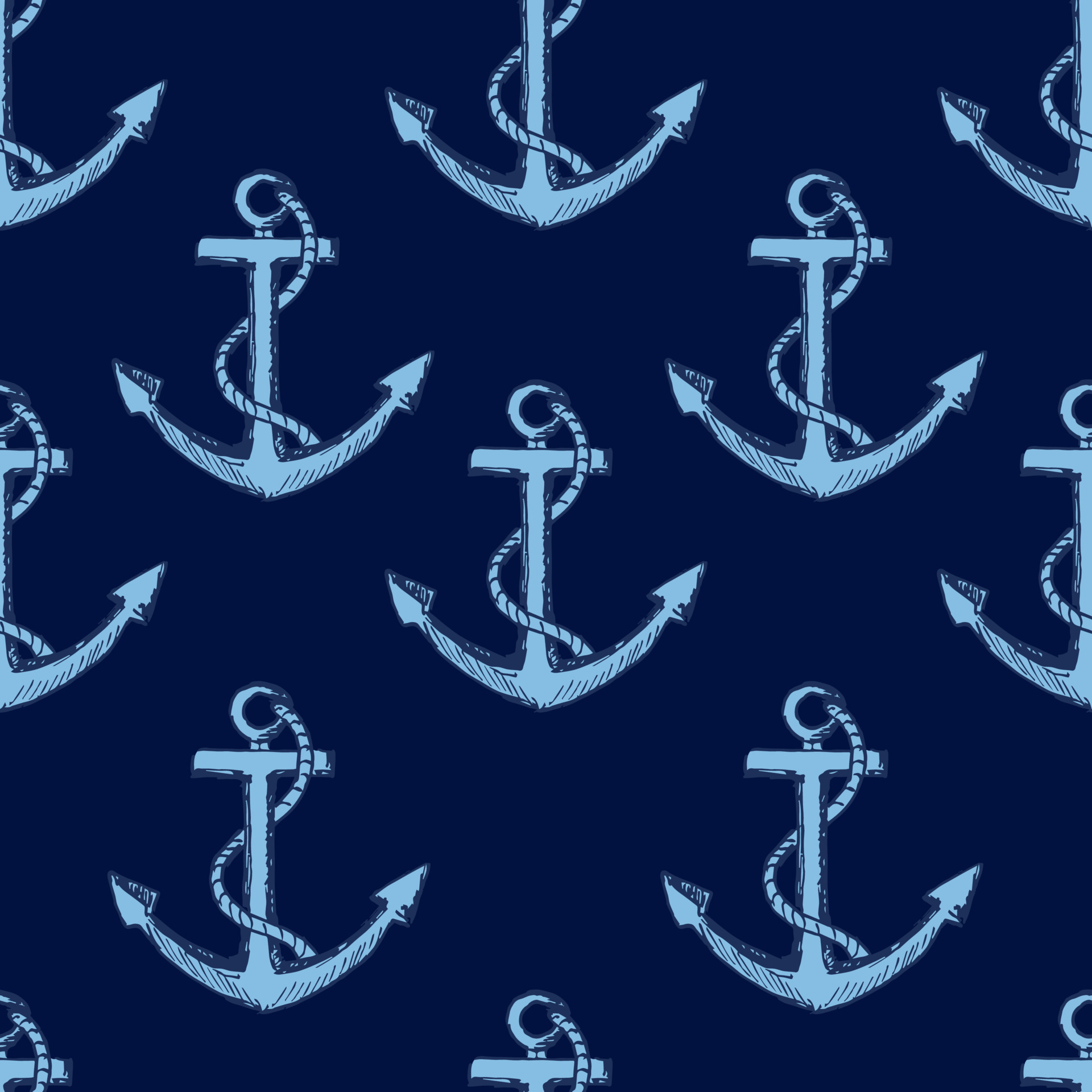 Seamless vector pattern with anchors. Blue outline sketches on dark ...