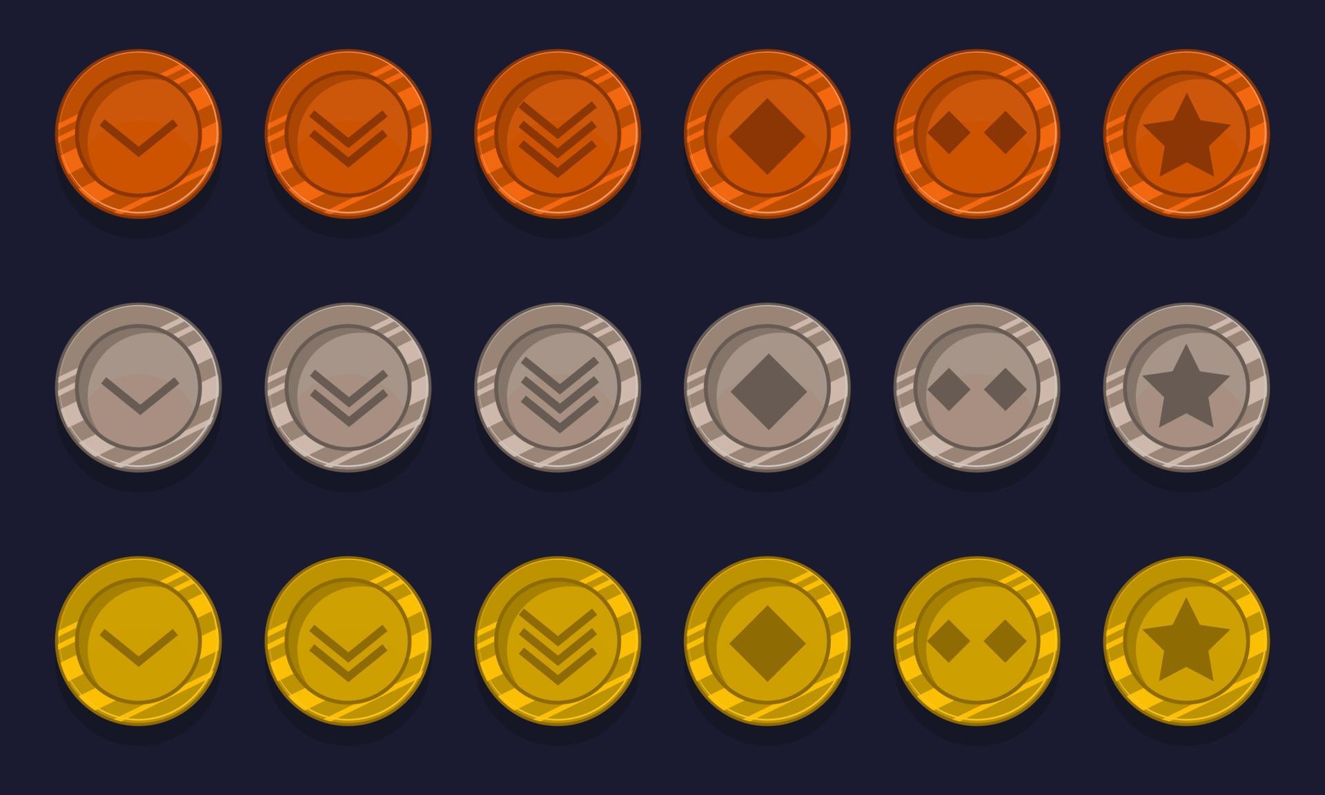Game achievement badge or rank icon cartoon set. Gold, silver and bronze awards or medal reward ...