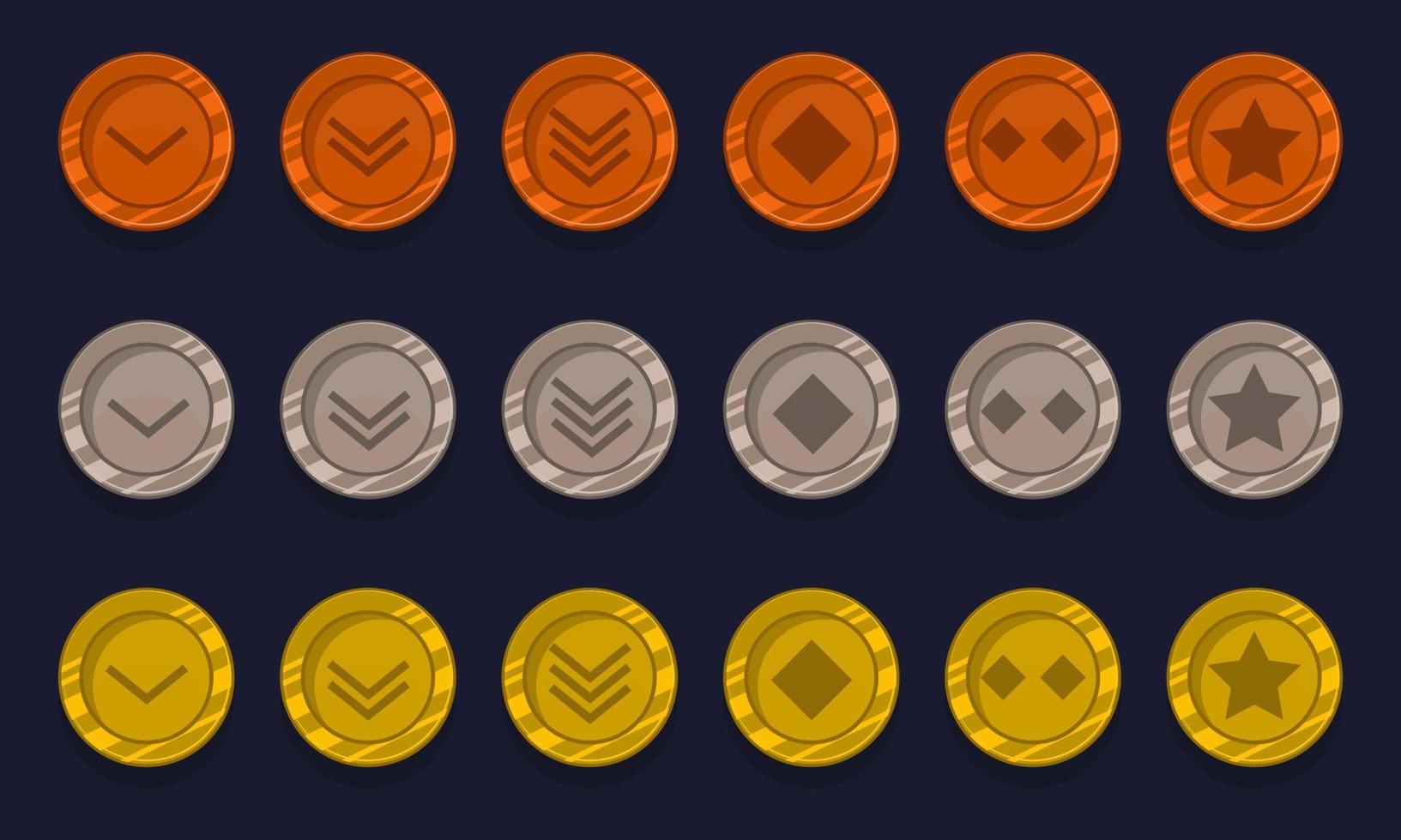 Game Achievement Badge Or Rank Icon Cartoon Set Gold Silver And Bronze Awards Or Medal Reward