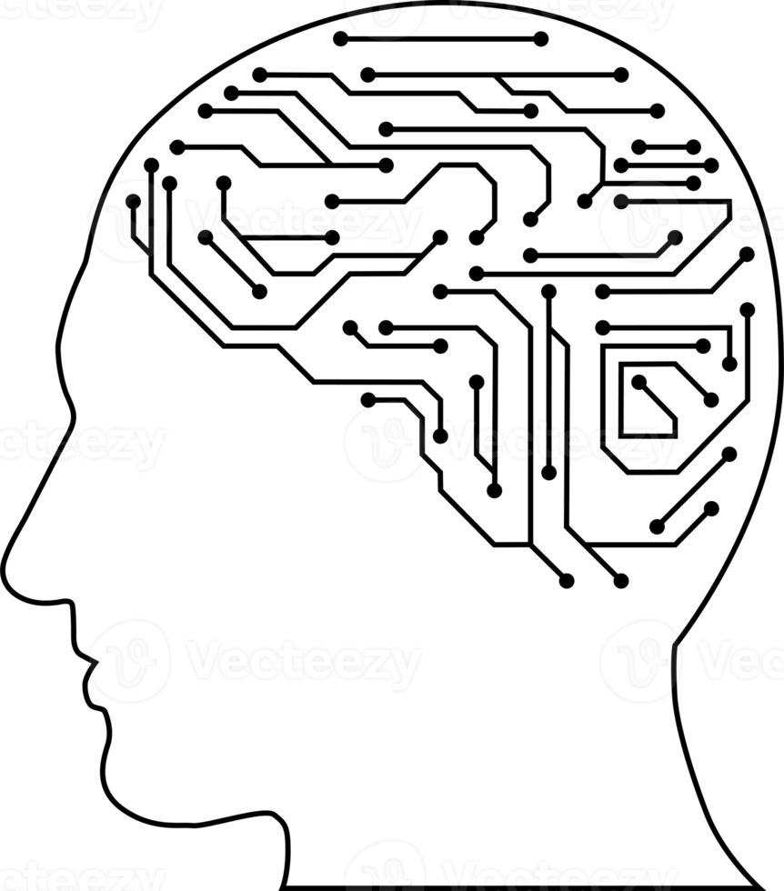 Human Head in futuristic artificial intelligence design theme. Printed circuit board outline ...