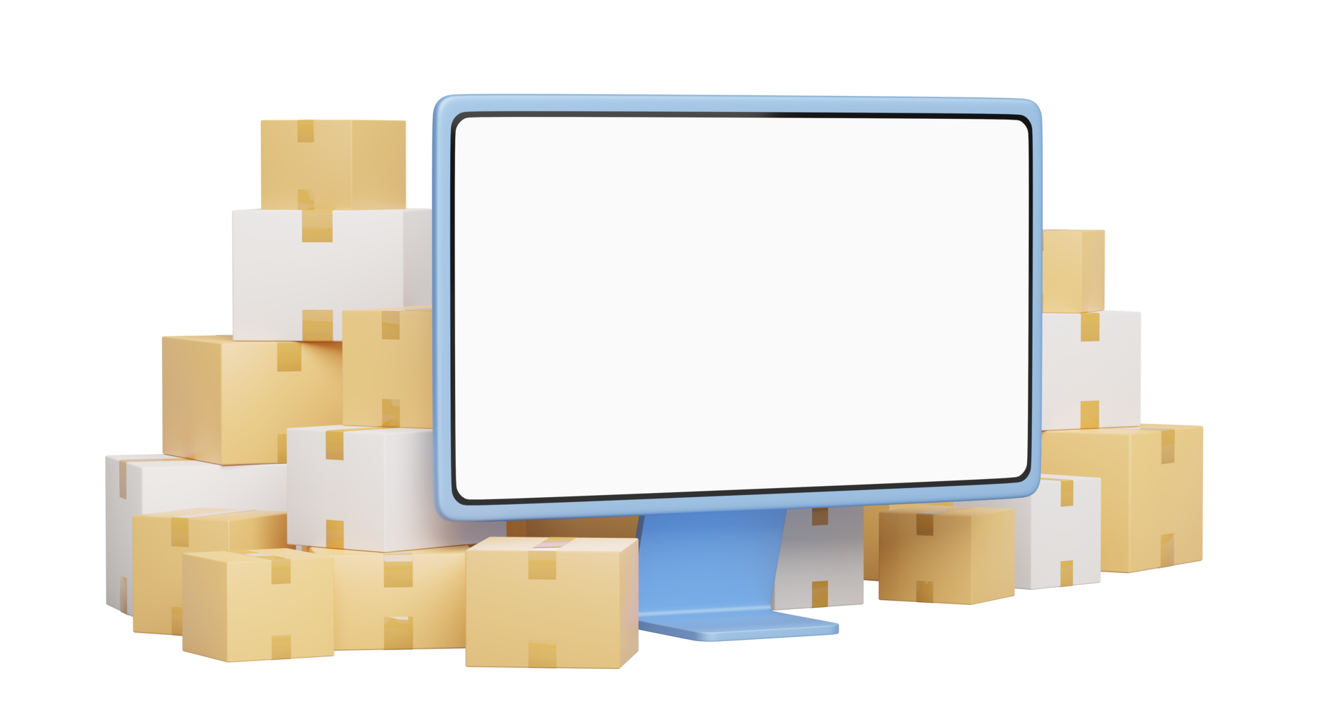 3D Computer monitor on transparent. Pile of stacked cardboard boxes ... 3D Computer monitor on transparent. Pile of stacked cardboard boxes ...