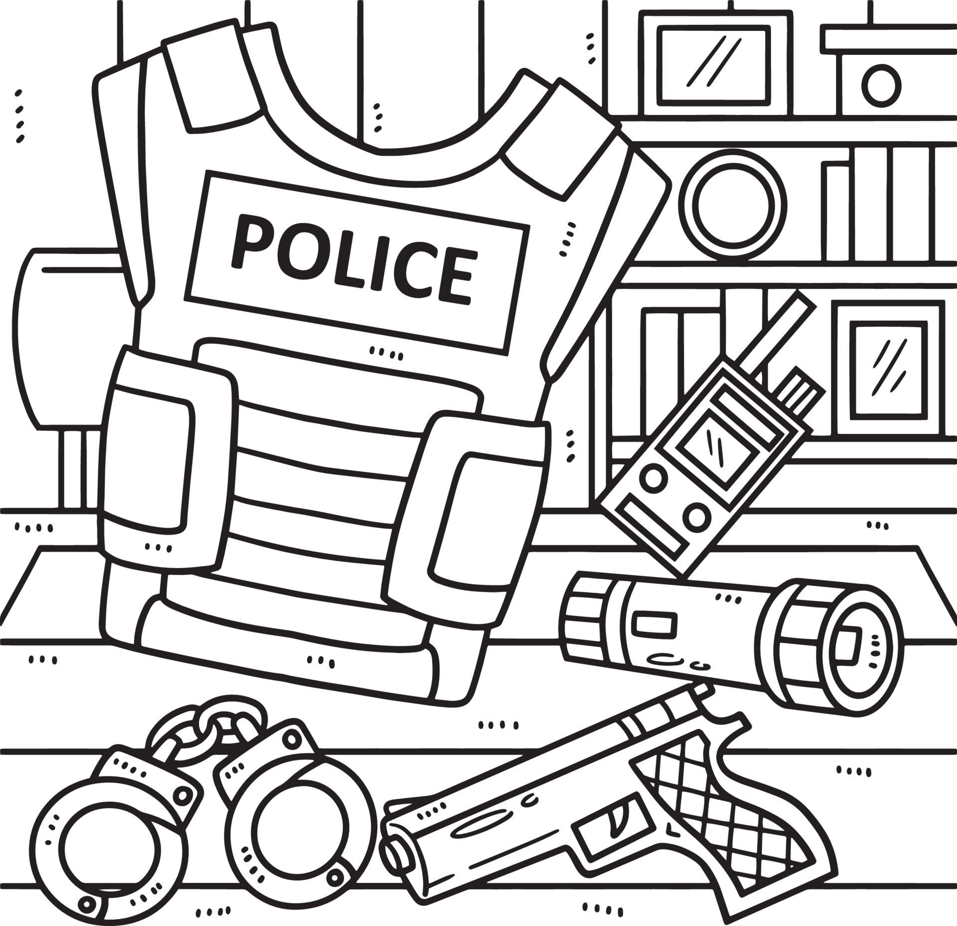 Police Officer Equipment Coloring Page For Kids 12902463 Vector Art At