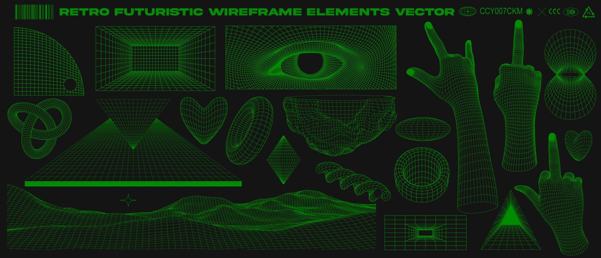 Retro futuristic grid, wireframe, abstract geometry, brutalism, rave design elements collection ...
