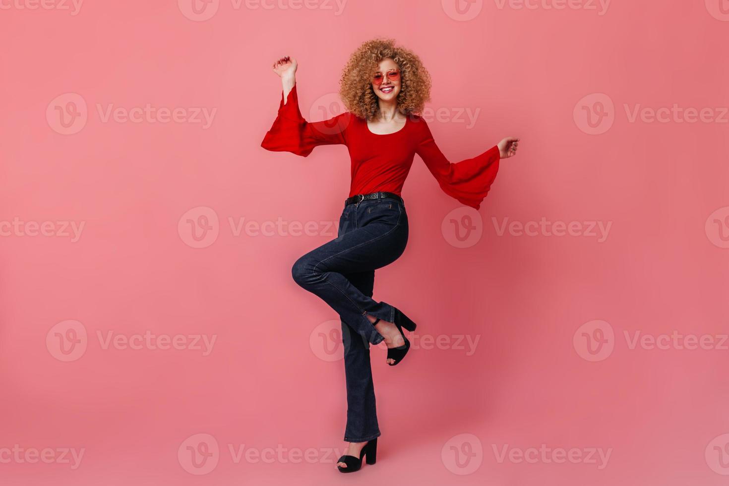 Naughty Girl In Pink Sunglasses Is Having Fun And Dancing On Isolated