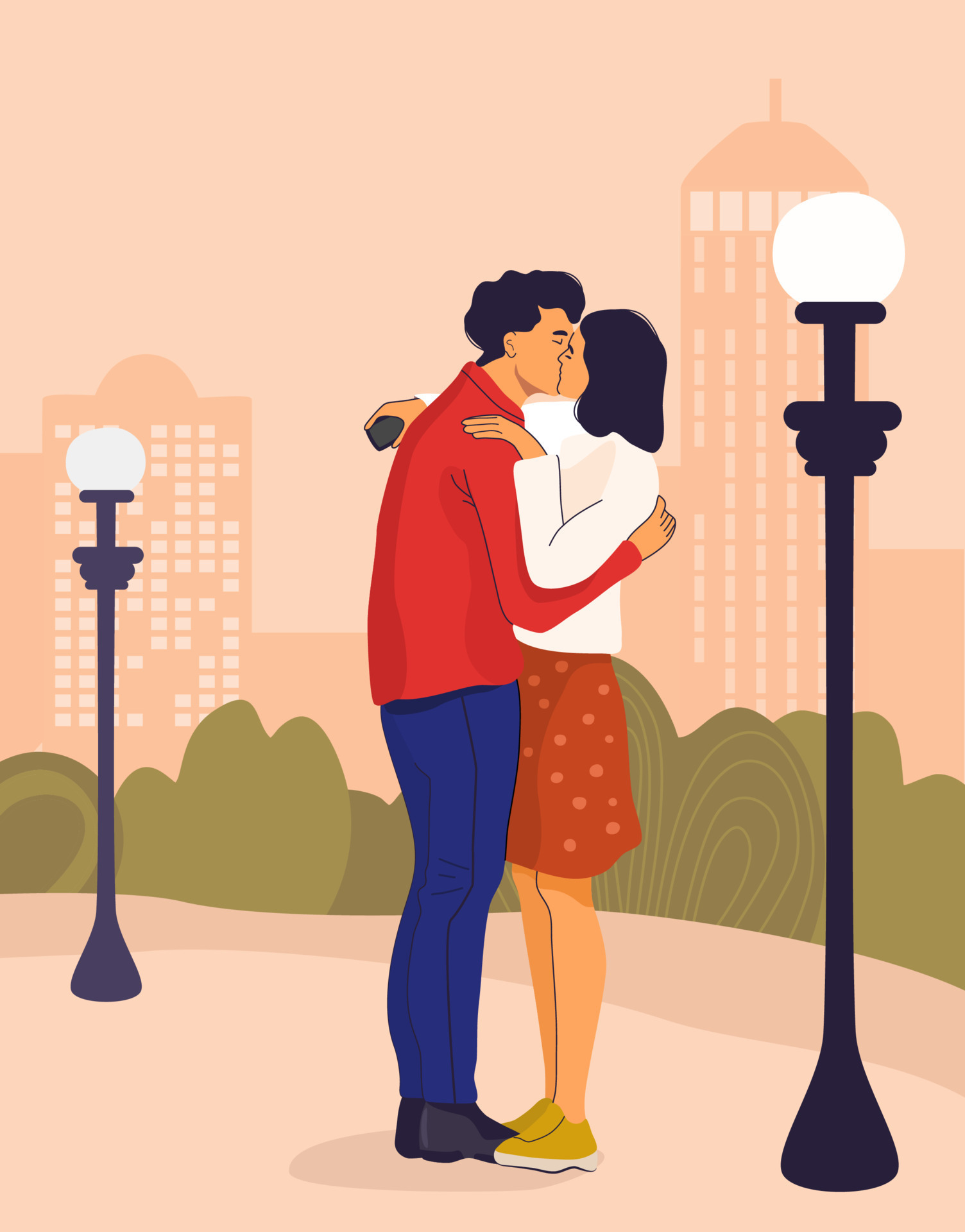 Vector romantic couple kissing and hugging in urban park. Man and woman in love, being close and ...
