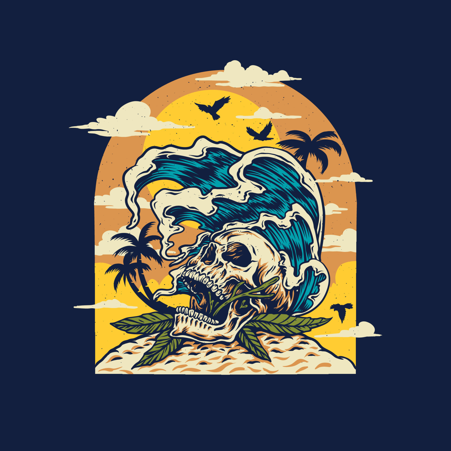 Skull Summer Beach T Shirt Graphic Design Hand Drawn Line Style With