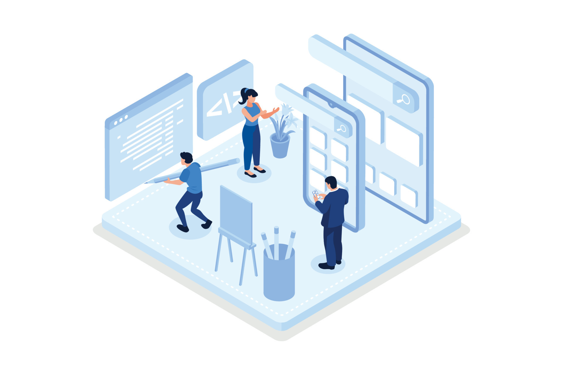 People Characters Developing New Mobile App Developers Team Programming And Coding Code For
