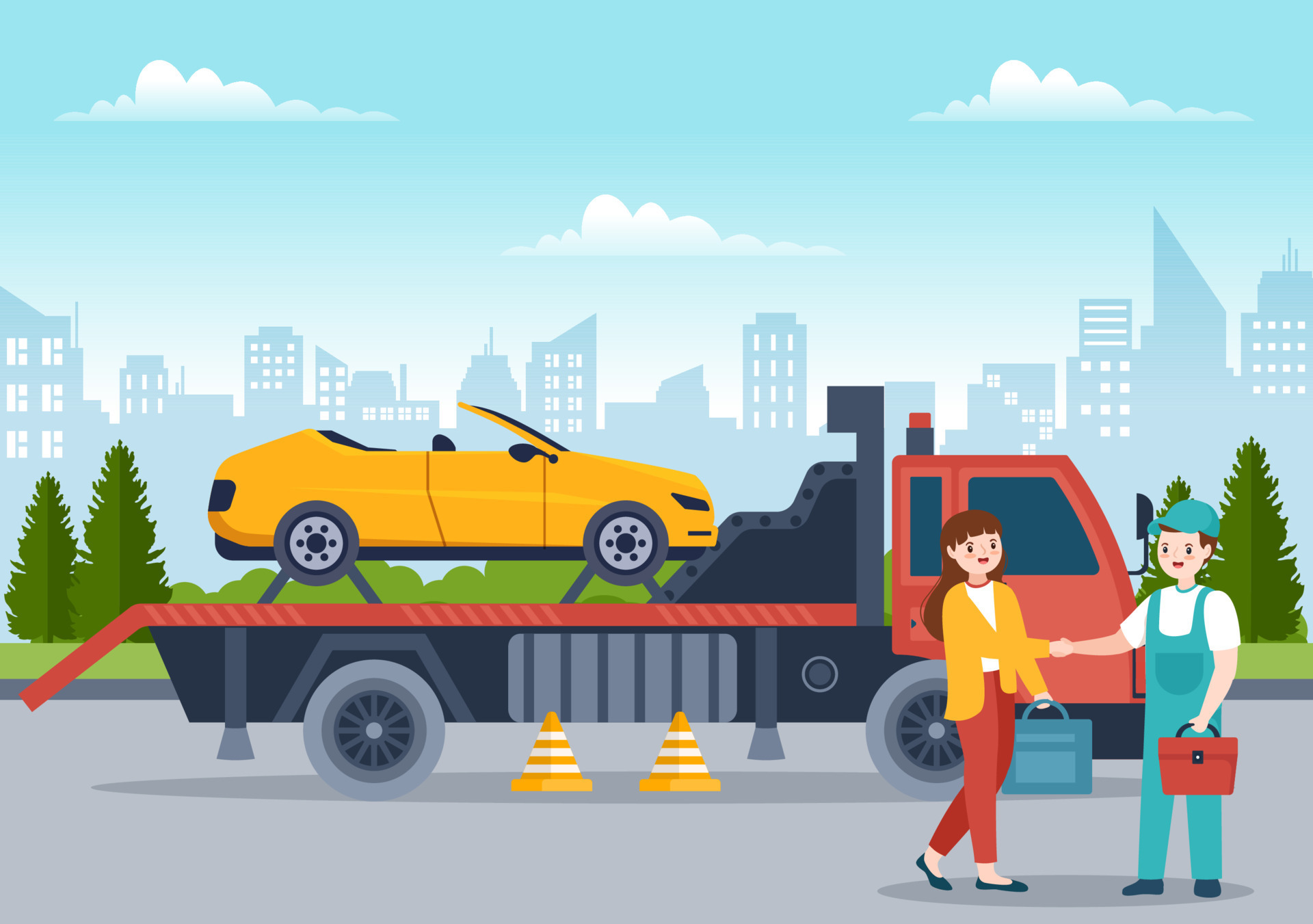 Auto Towing Car Using A Truck With Roadside Assistance Service In Template Hand Drawn Cartoon