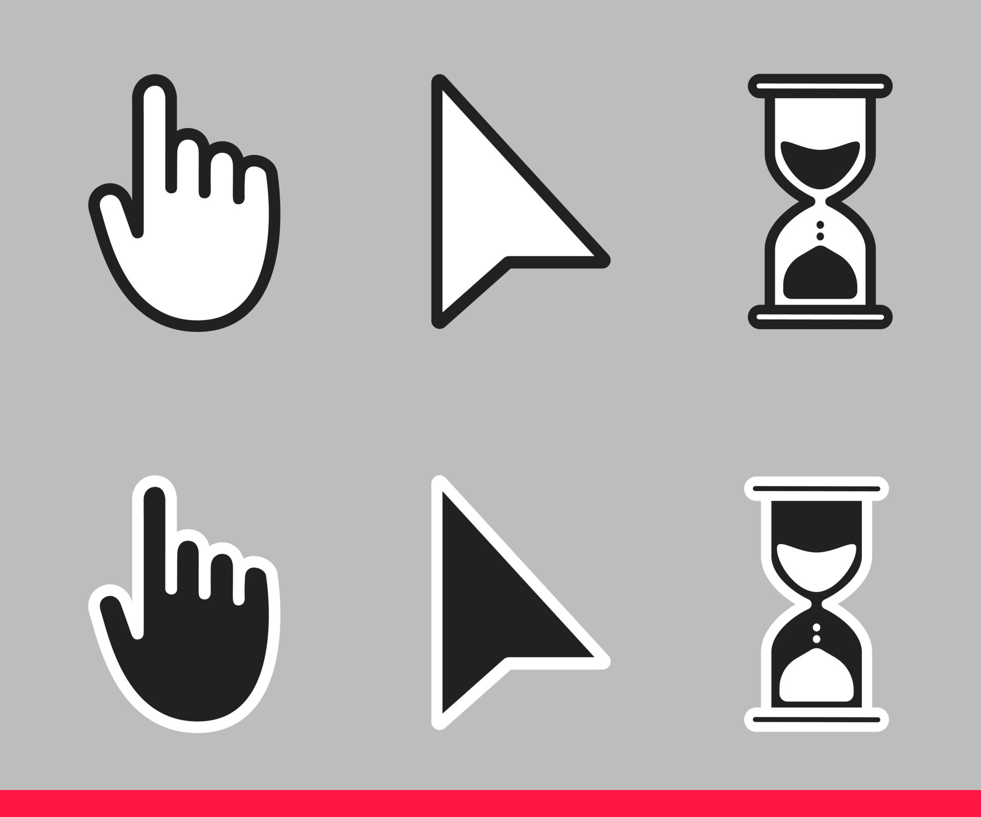 Pointer hand, arrow and hourglass loading clock mouse cursors icon sign ...