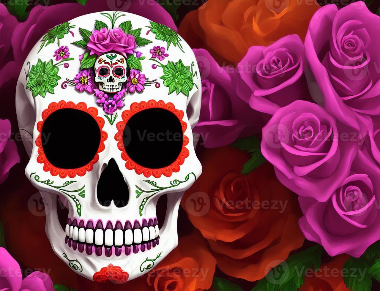 Dia de los muertos traditional calavera sugar skull decorated with flowers the day of the dead ...
