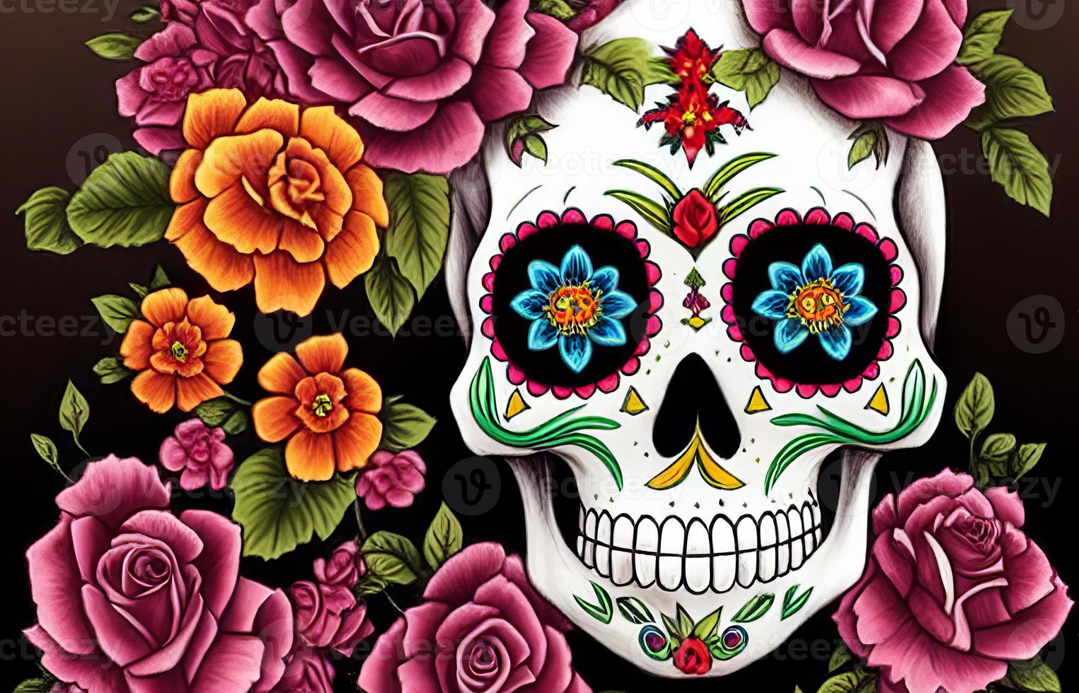 Dia de los muertos traditional calavera sugar skull decorated with flowers the day of the dead ...