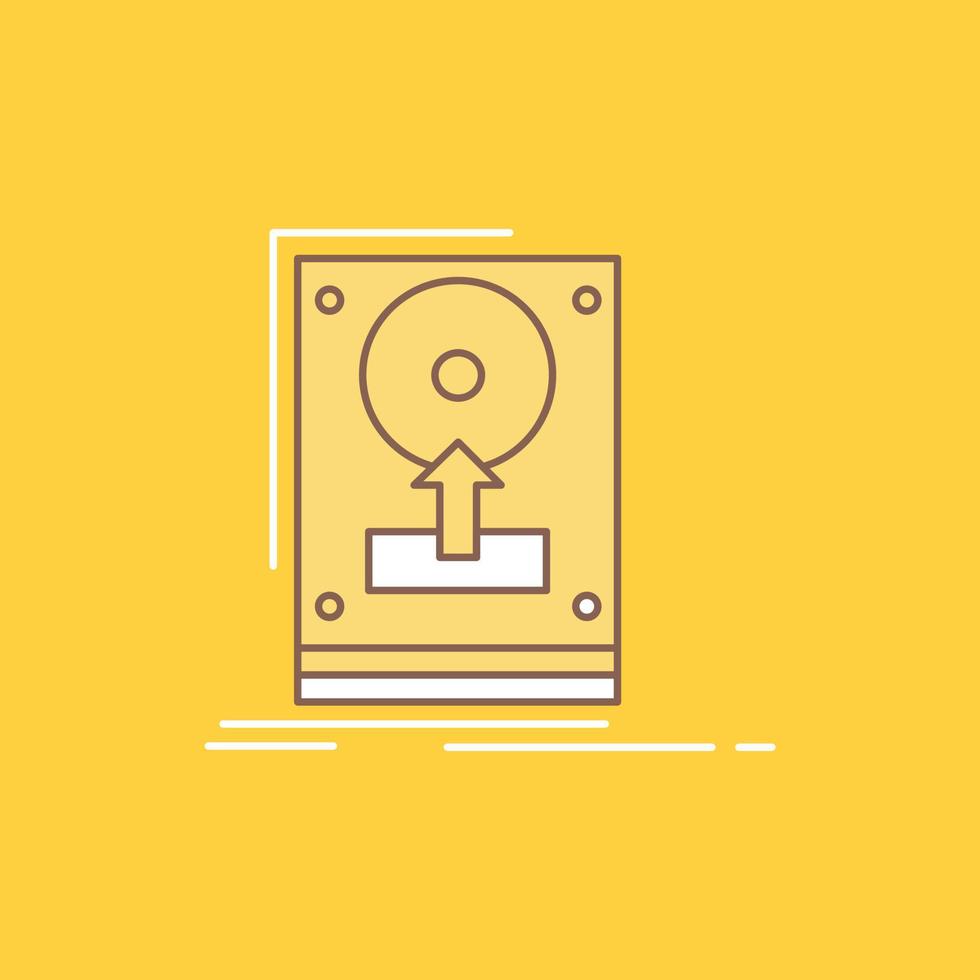 install. drive. hdd. save. upload Flat Line Filled Icon. Beautiful Logo button over yellow ...