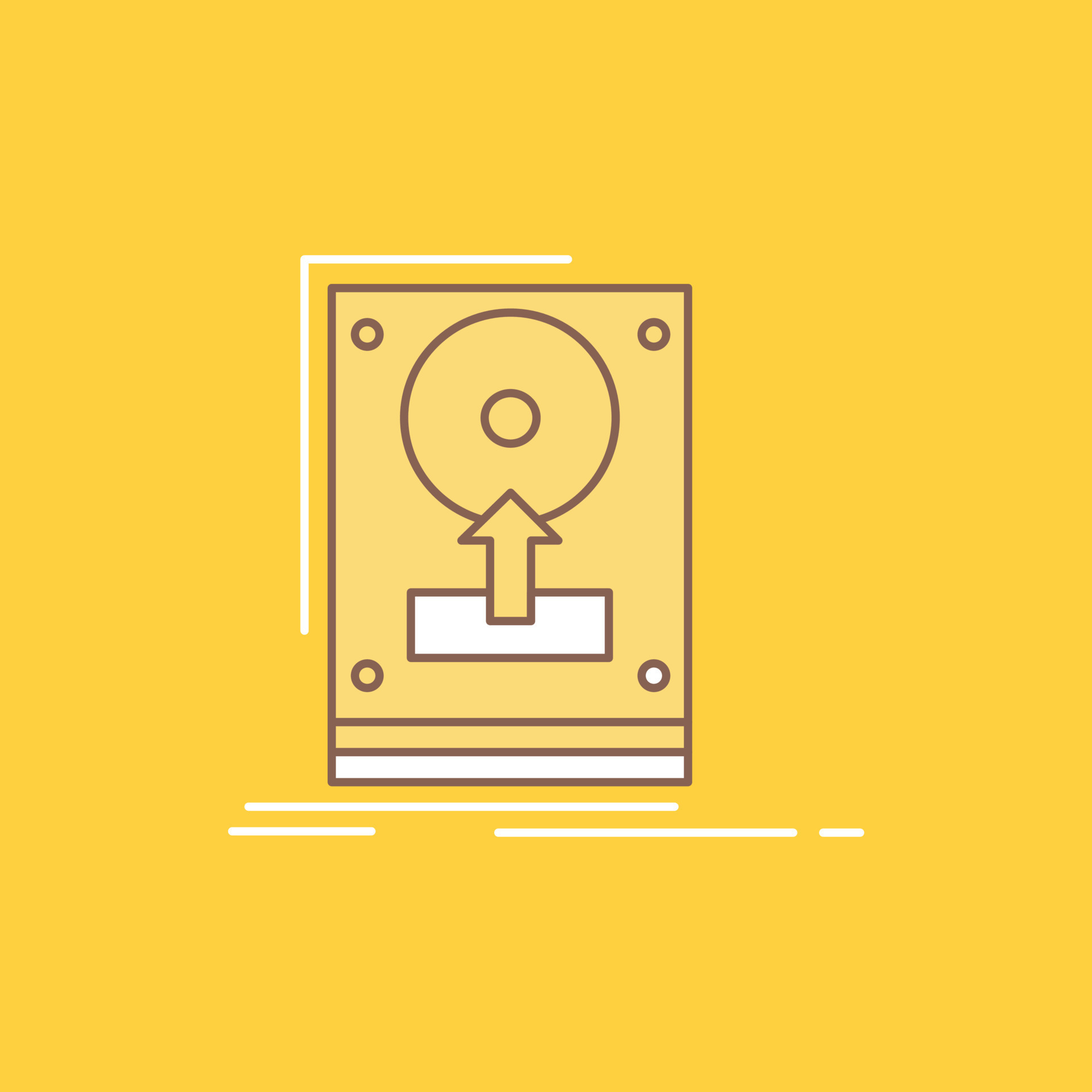install. drive. hdd. save. upload Flat Line Filled Icon. Beautiful Logo button over yellow ...
