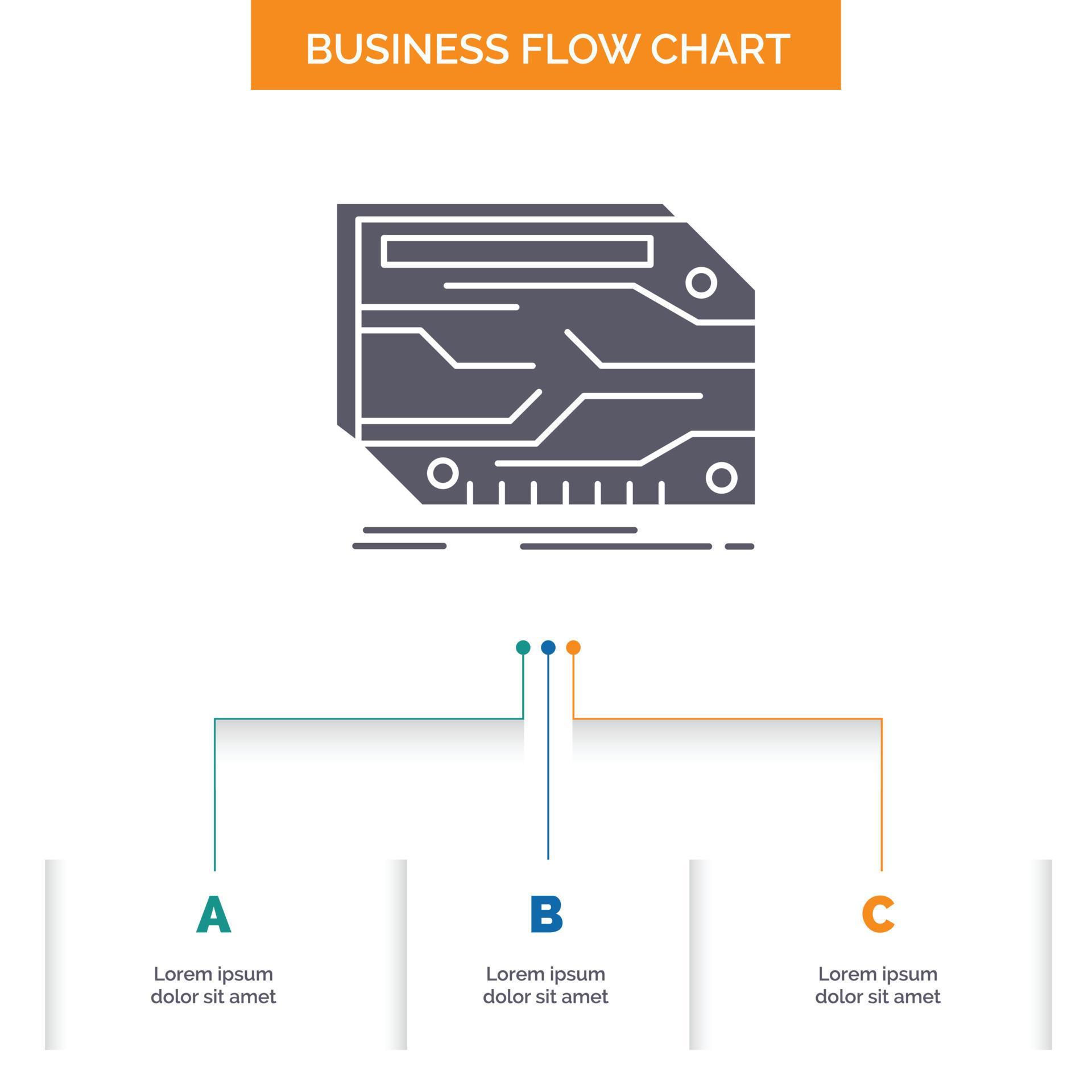 card. component. custom. electronic. memory Business Flow Chart Design with 3 Steps. Glyph Icon ...