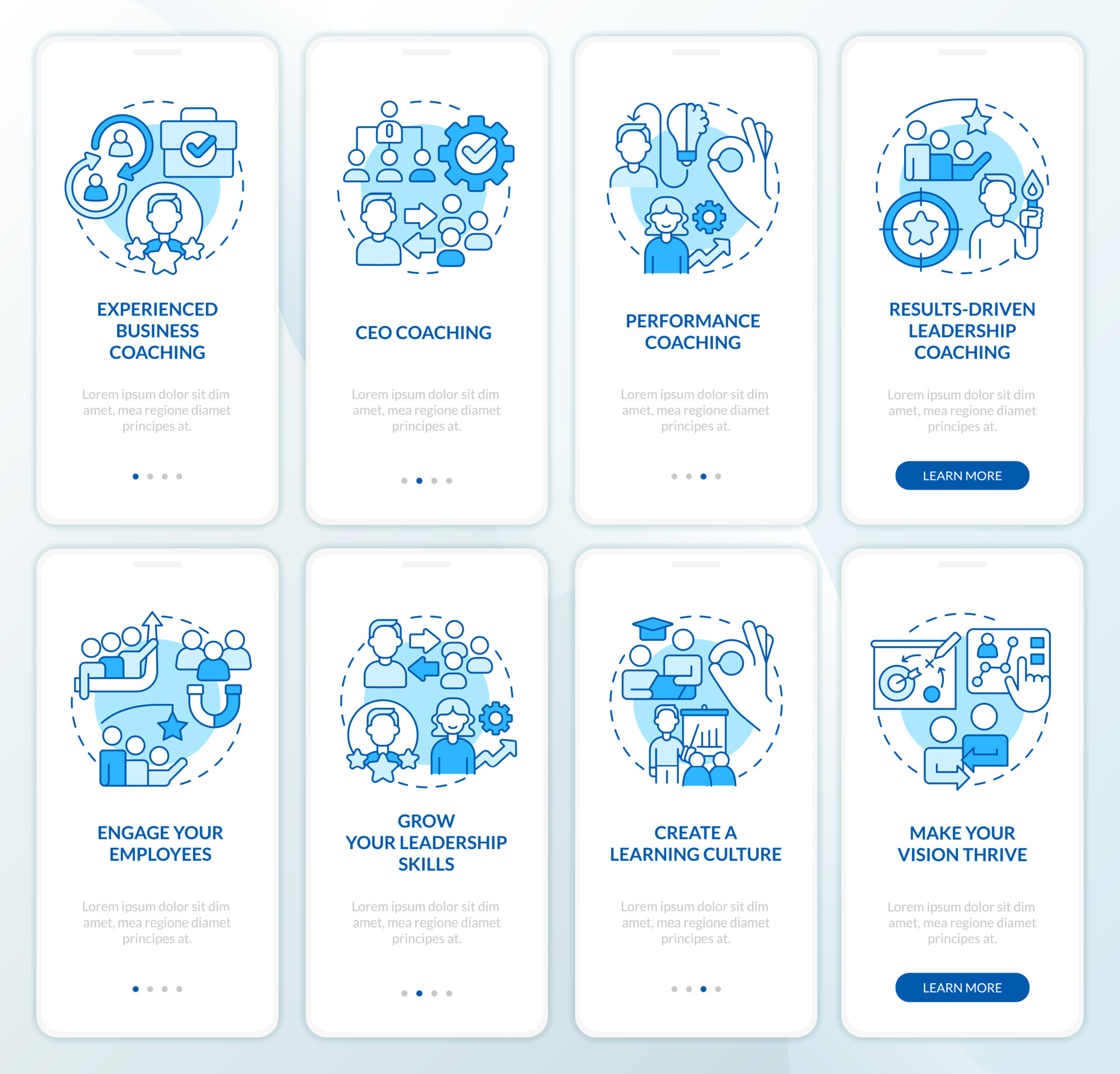 Executive Coaching Programs Blue Onboarding Mobile App Screen Set Walkthrough 4 Steps Editable