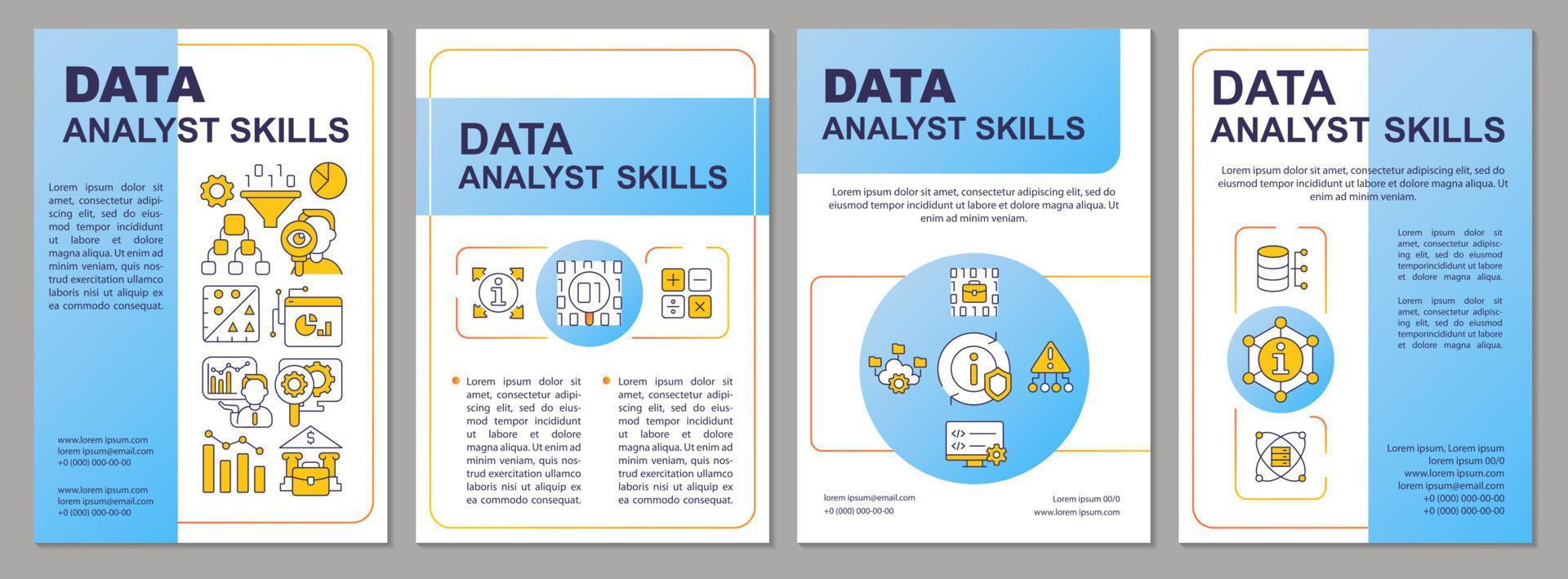 Data analyst skills blue brochure template. Computer science. Leaflet design with linear icons ...