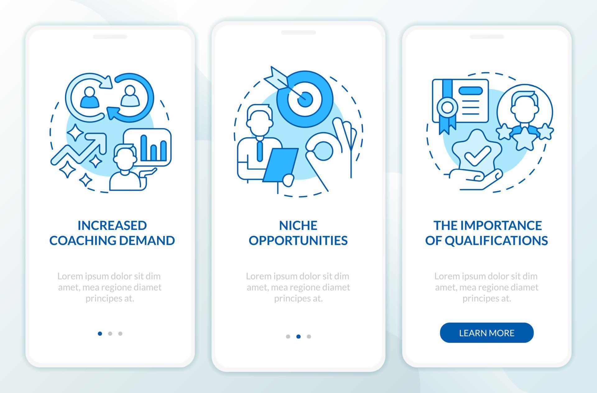 Executive Coaching Trends Blue Onboarding Mobile App Screen Walkthrough 3 Steps Editable