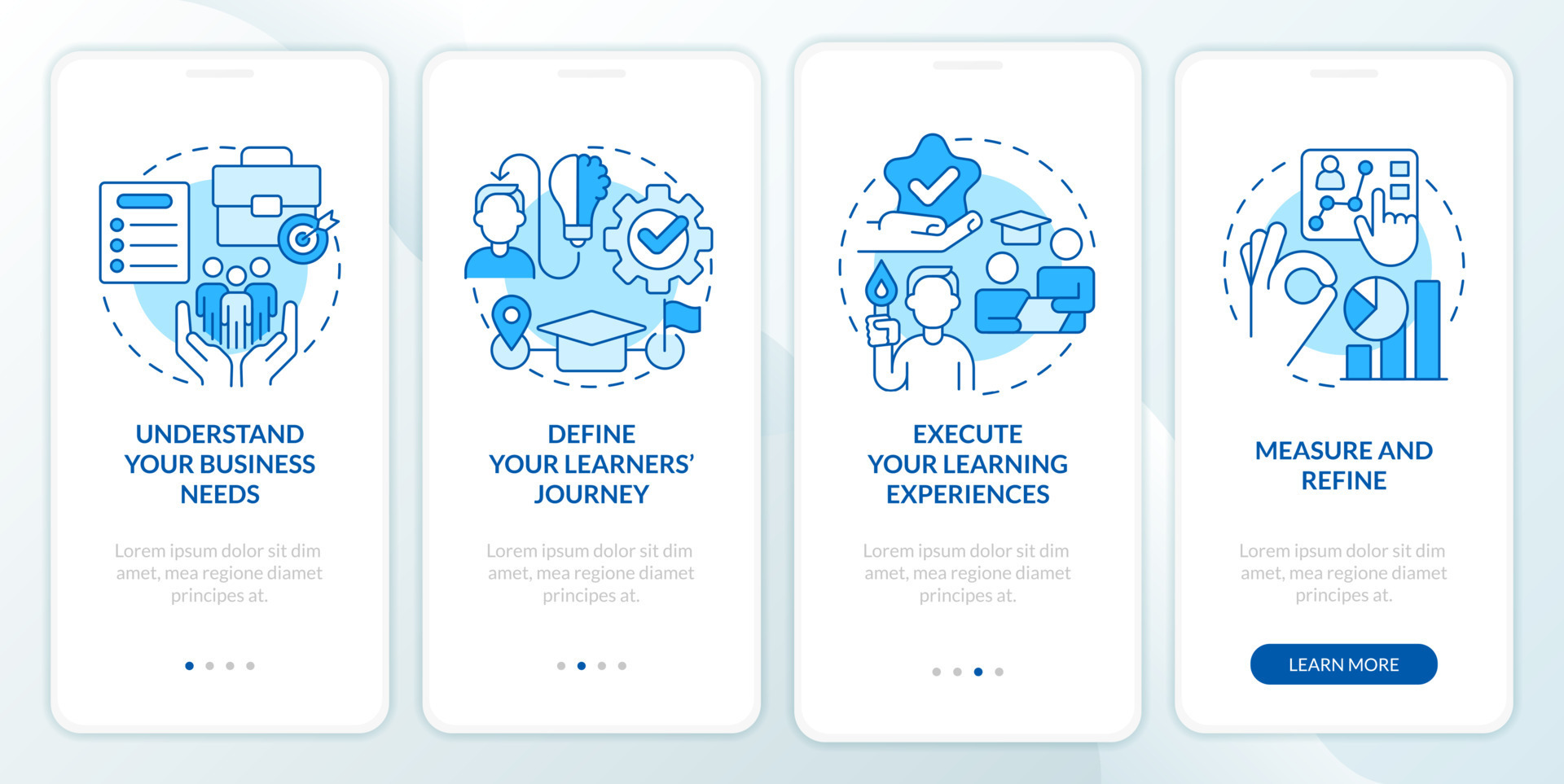 Effective leadership development blue onboarding mobile app screen. Walkthrough 4 steps editable ...