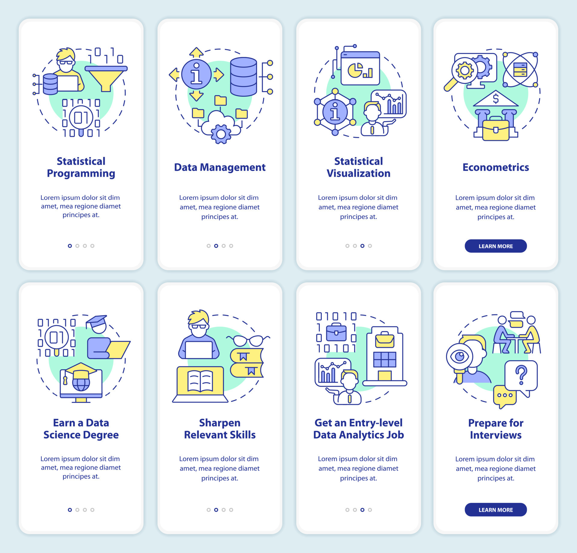 Data Management Expert Onboarding Mobile App Screen Set Walkthrough 4 Steps Editable Graphic