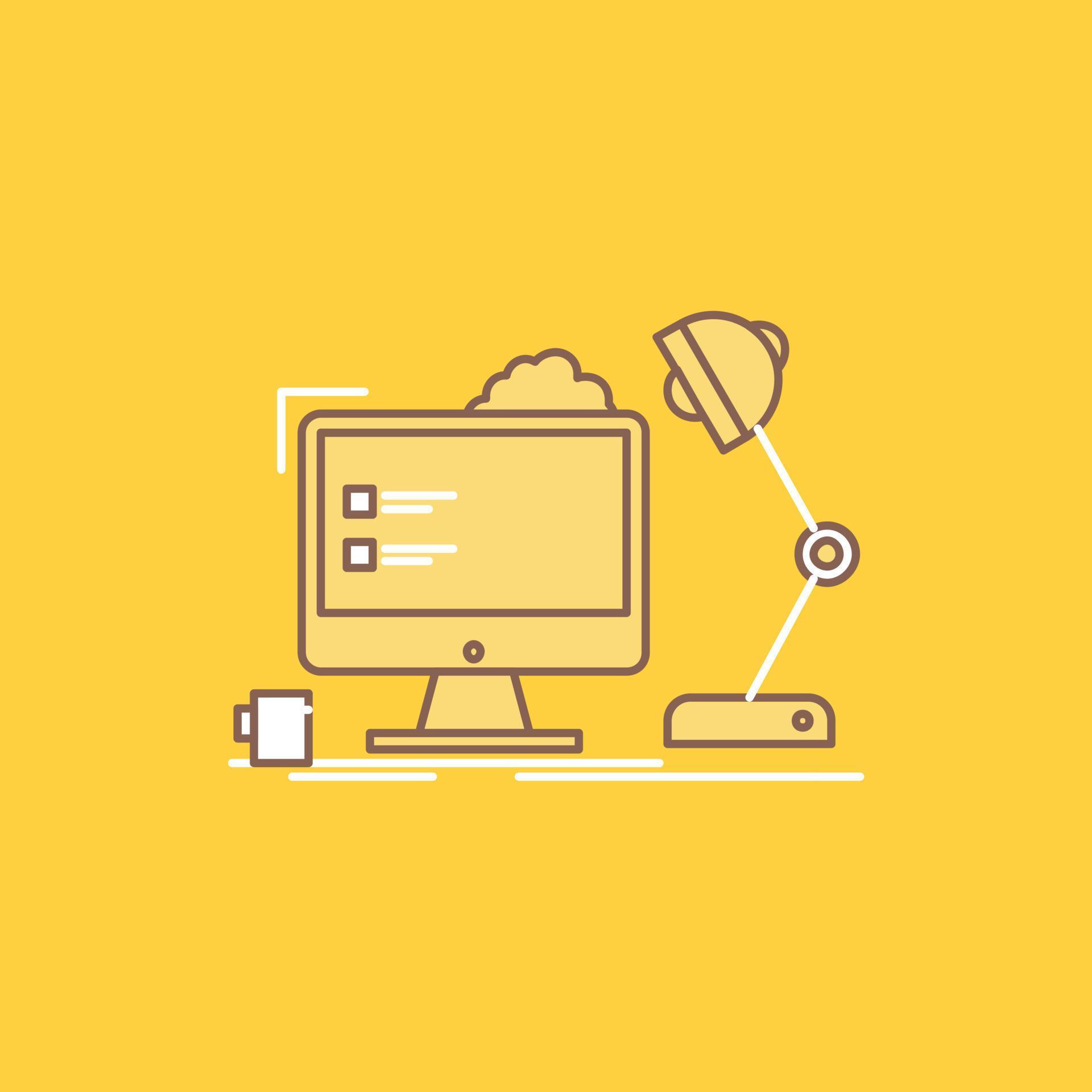 workplace. workstation. office. lamp. computer Flat Line Filled Icon. Beautiful Logo button over ...