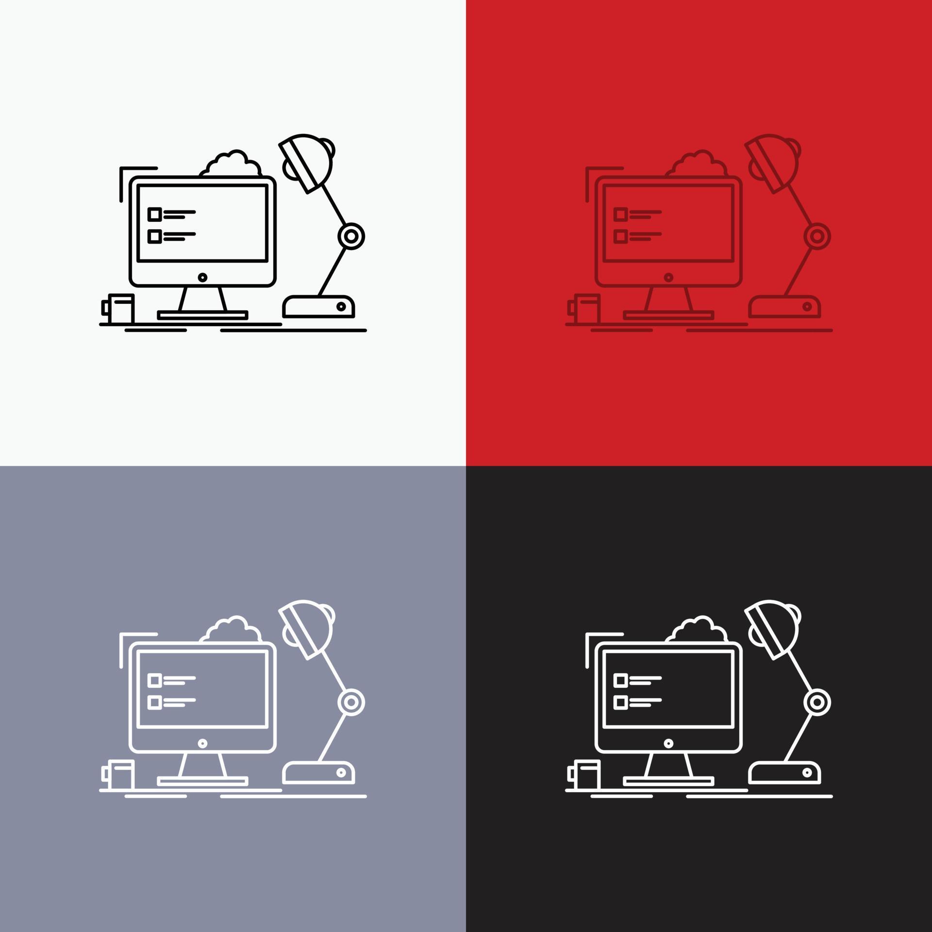 Workplace Workstation Office Lamp Computer Icon Over Various Background Line Style Design