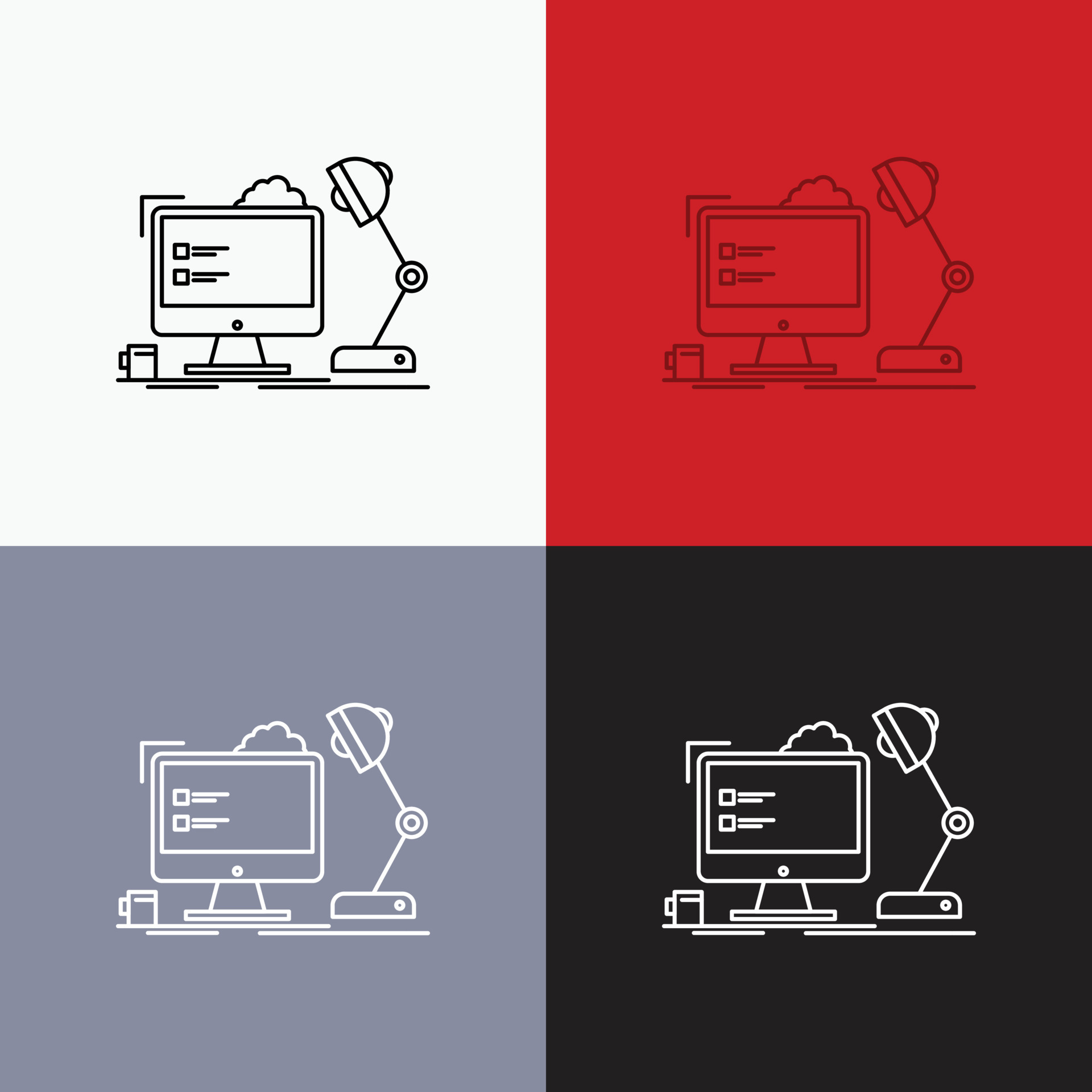 Workplace Workstation Office Lamp Computer Icon Over Various Background Line Style Design