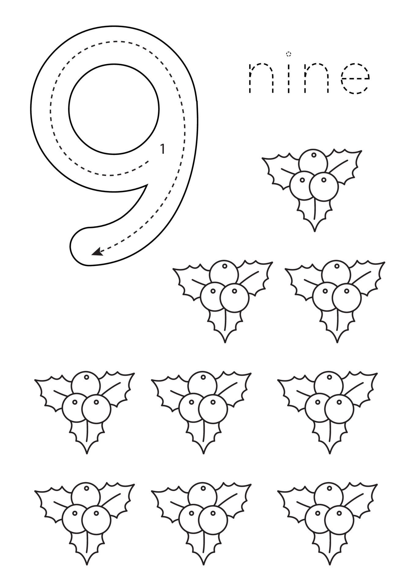 Flashcard Number 9 Preschool Worksheet Christmas Holly 12943592 flashcard-number-9-preschool-worksheet-christmas-holly-12943592
