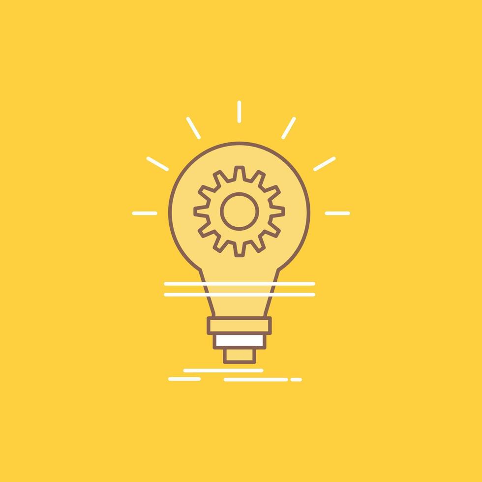 Bulb. develop. idea. innovation. light Flat Line Filled Icon. Beautiful Logo button over yellow ...