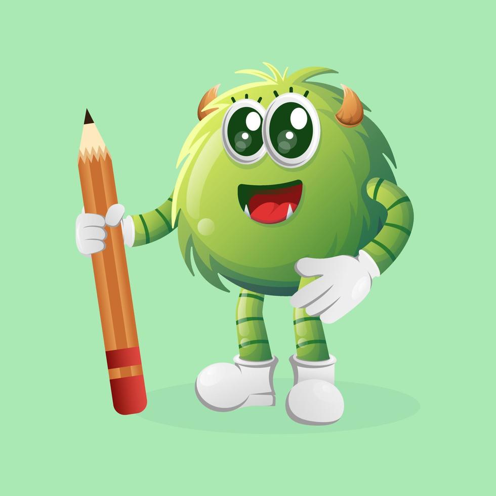 Cute Green Monster Holding Pencil 12947999 Vector Art At Vecteezy