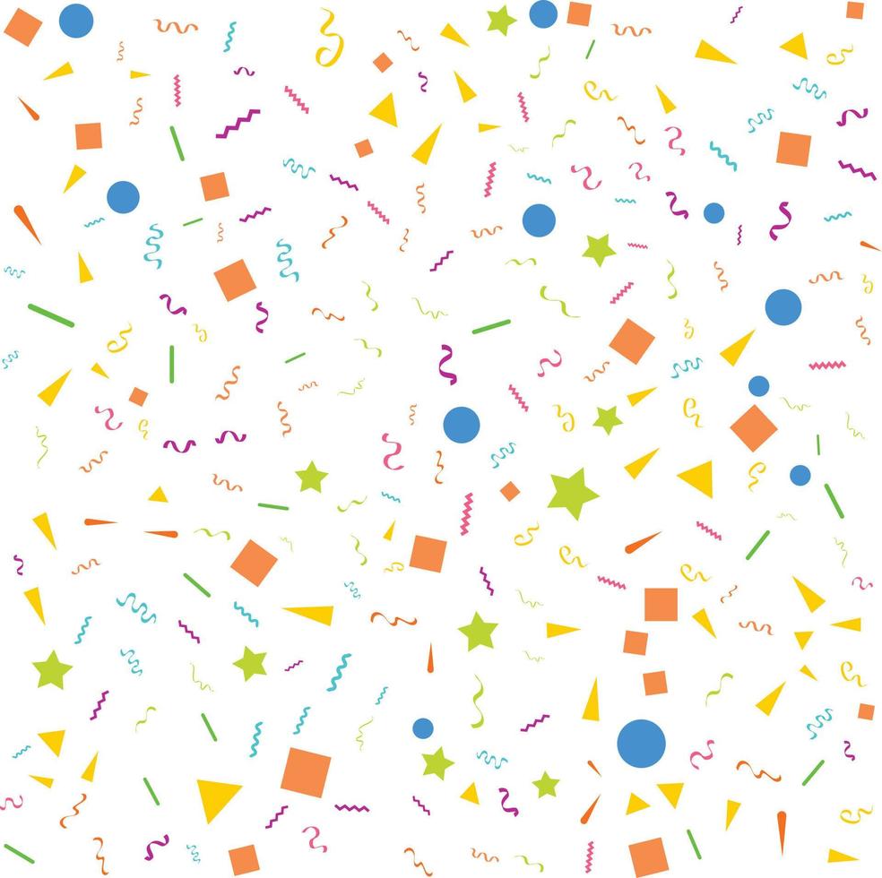 Vector abstract White Background with many falling tiny colorful confetti pieces and ribbon ...