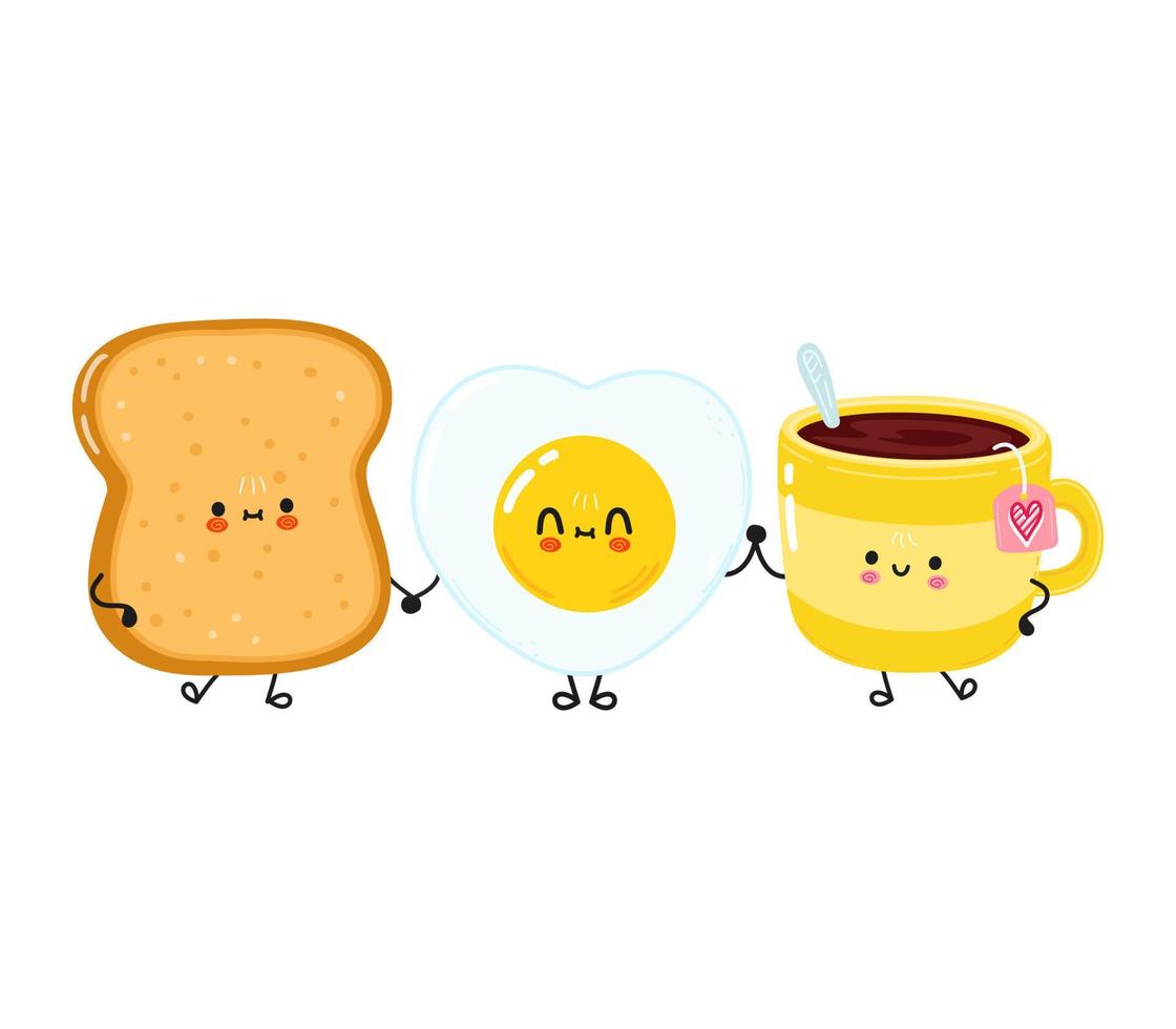 Cute Happy Toast Cup Of Tea And Fried Egg Card Vector Hand Drawn