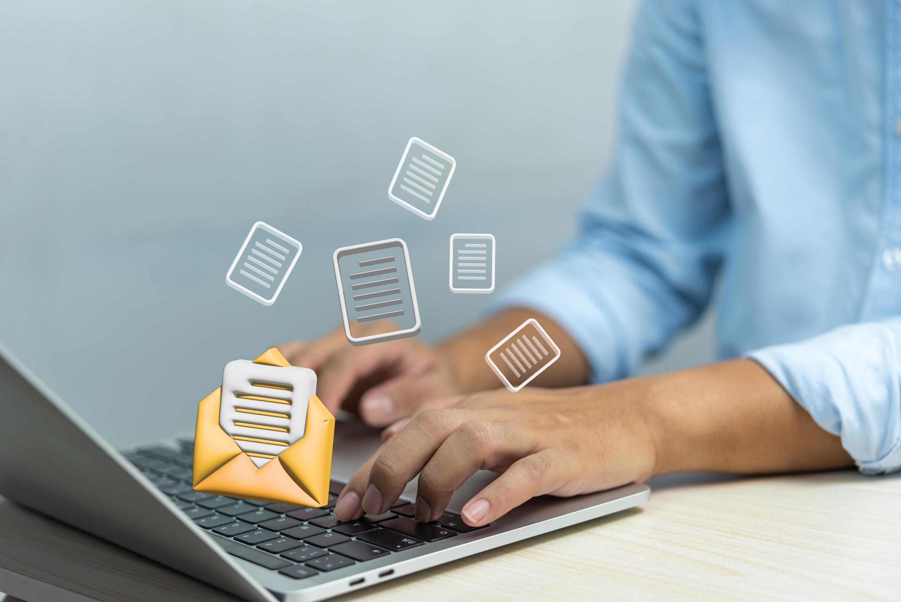 businessman using computer laptop checking email icon online or sending ...