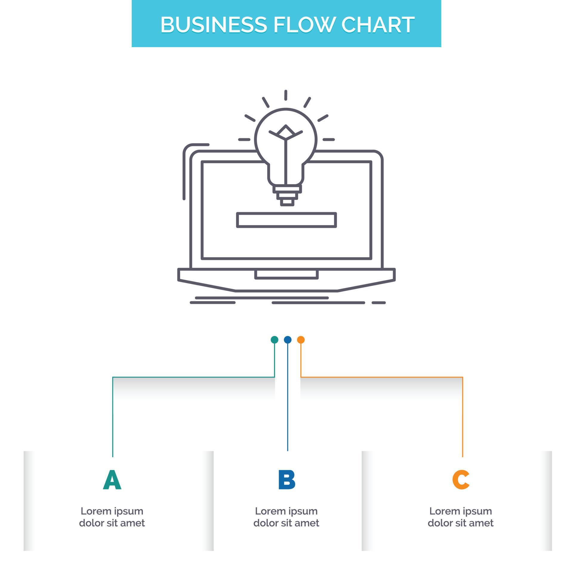 Laptop Solution Idea Bulb Solution Business Flow Chart Design With 3 Steps Line Icon For