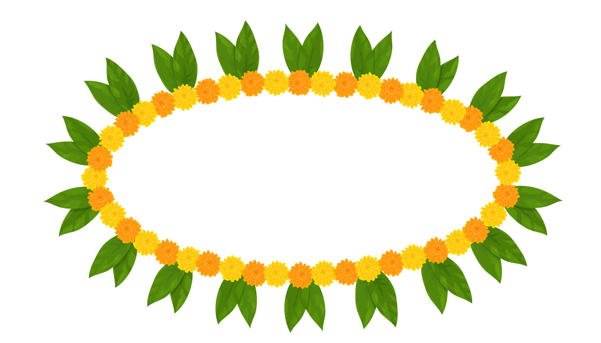 Traditional Indian Flower Garland Frame With Marigold Flowers And Mango Leaves Decoration For traditional-indian-flower-garland-frame-with-marigold-flowers-and-mango-leaves-decoration-for
