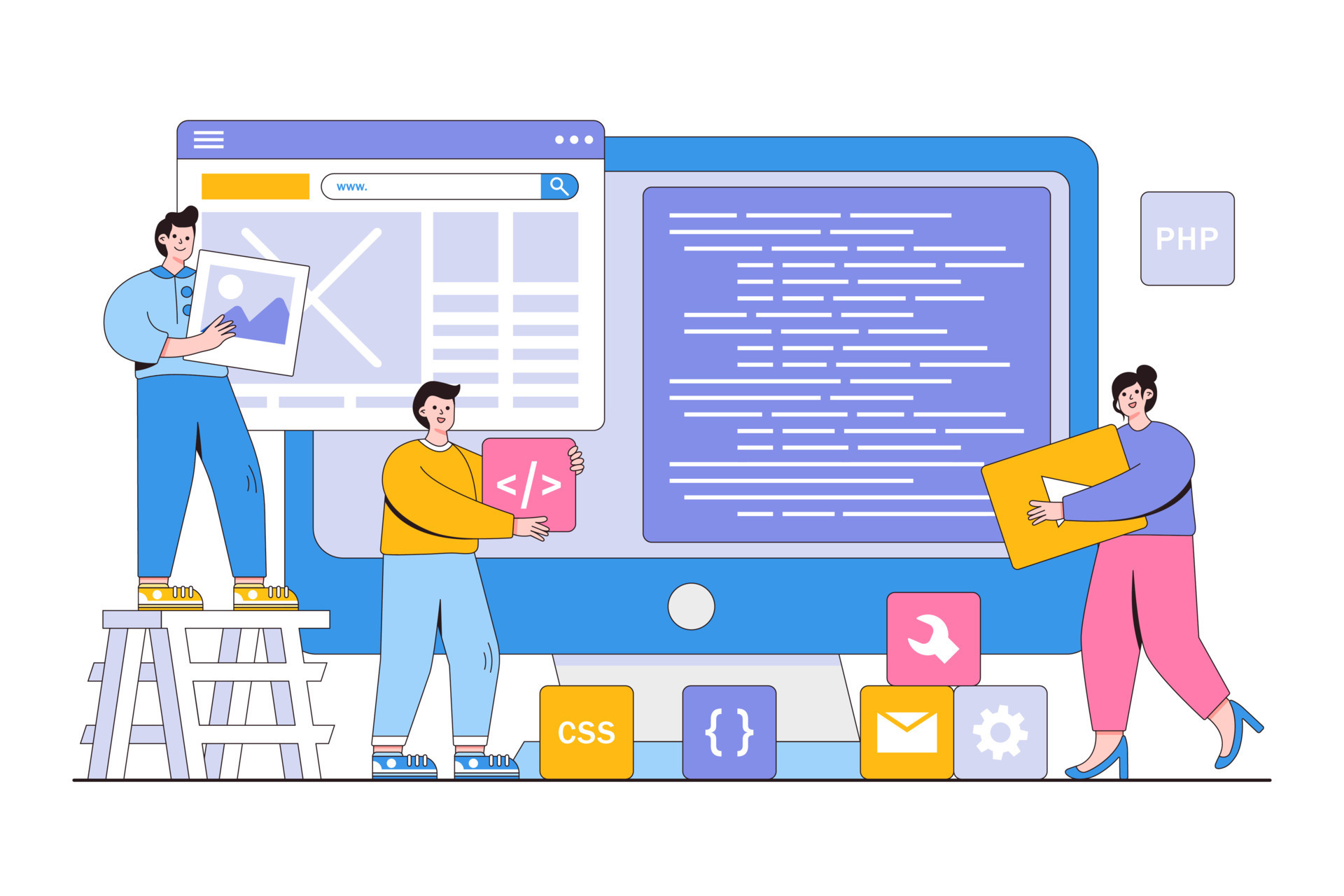 Flat Web And Mobile Application Design Process With Designer And Developer Team Concept Outline