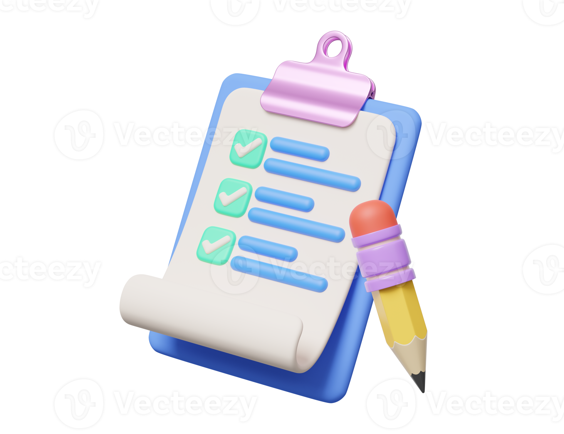 3d Blue checklist and pencil on transparent. Confirmed or approved ...