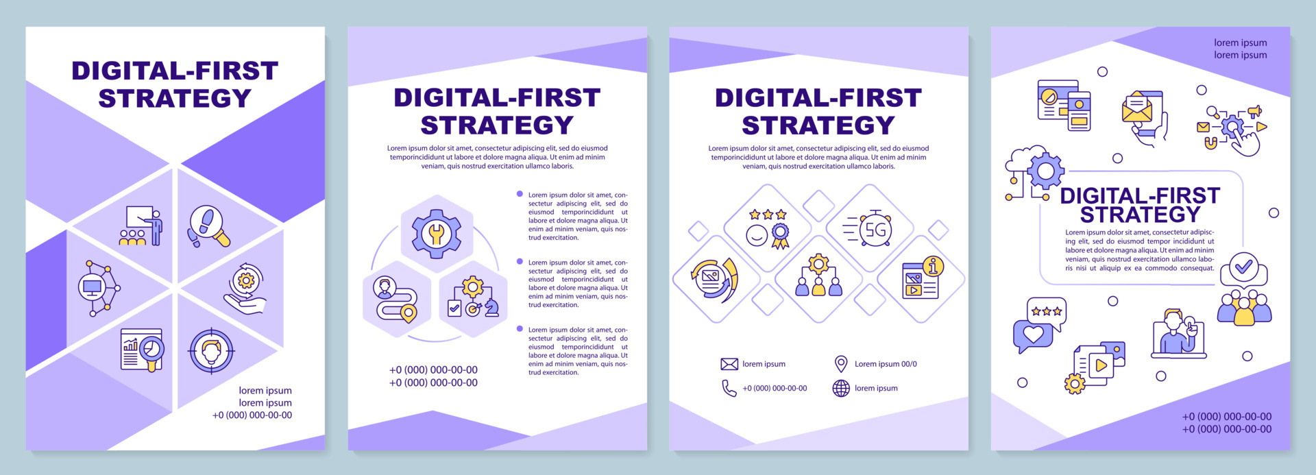 Digital first strategy brochure template. Digital marketing. Leaflet design with linear icons. 4 ...